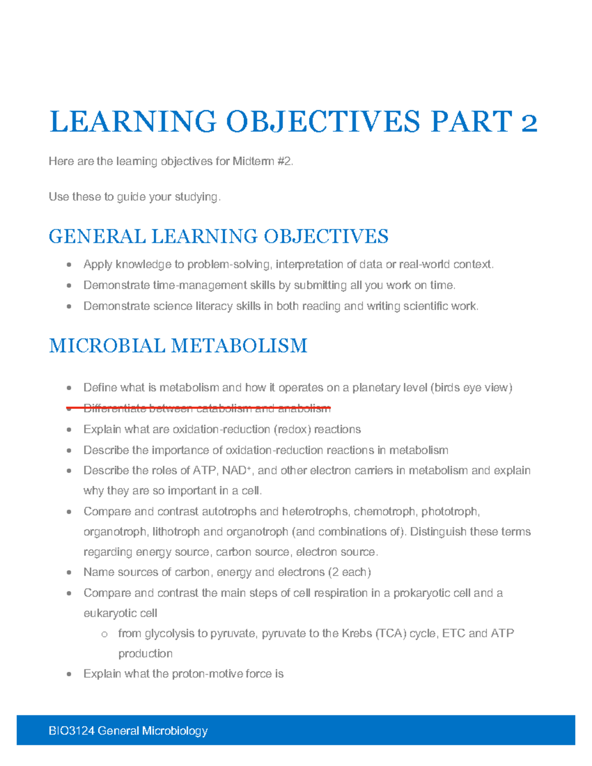 Learning objectives module 2 2024 - BIO3124 General Microbiology LEARNING OBJECTIVES PART 2 Here ...