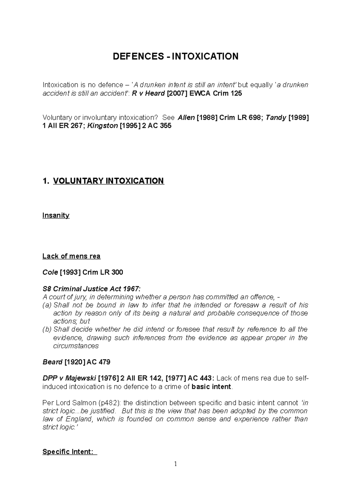 Defences (Intoxication) - DEFENCES - INTOXICATION Intoxication is no ...