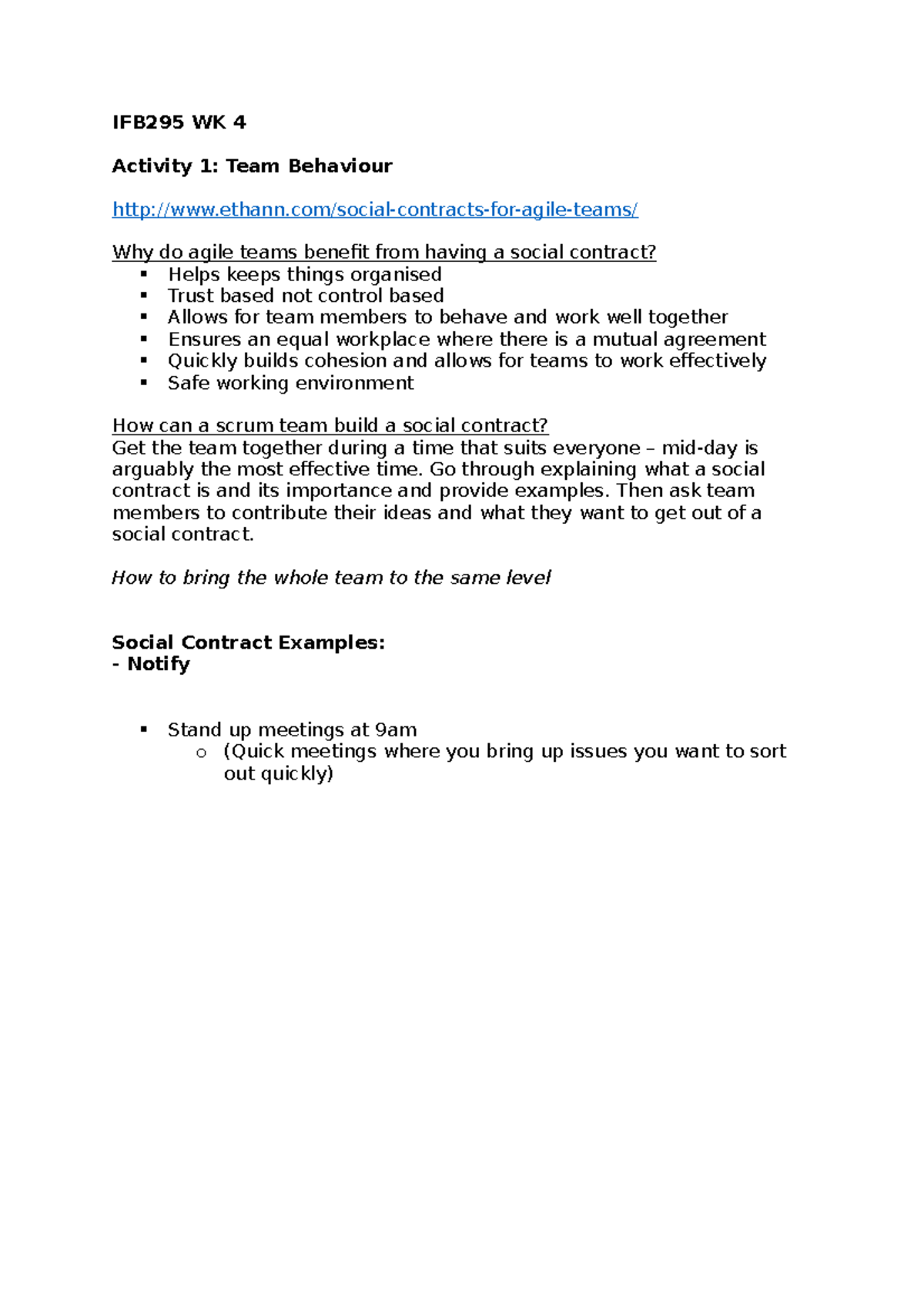IFB295 WK 4 Workshop - IFB295 WK 4 Activity 1: Team Behaviour - Studocu
