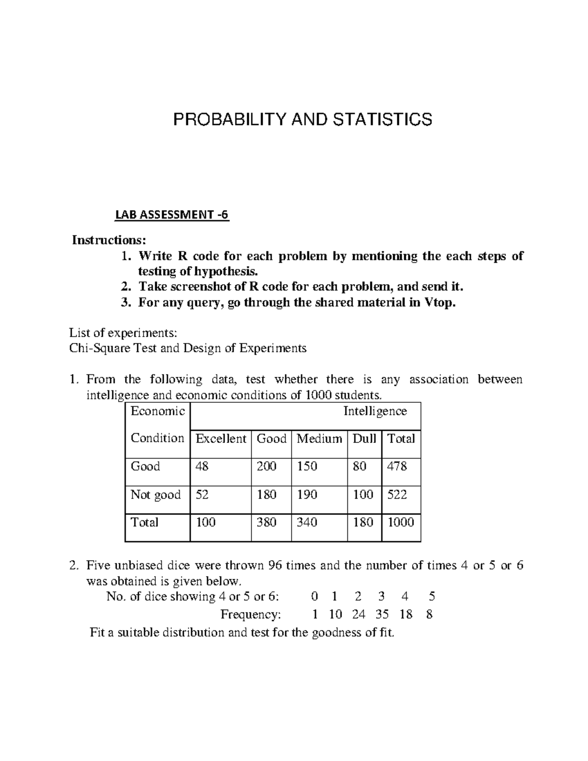 Statistics Lab 6 - School of Advanced Sciences Department of ...