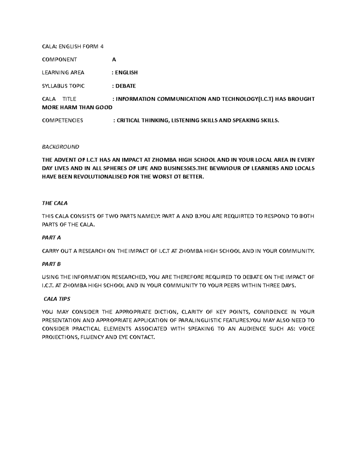 CALA English Debate - CALA: ENGLISH FORM 4 COMPONENT A LEARNING AREA : ENGLISH SYLLABUS TOPIC ...