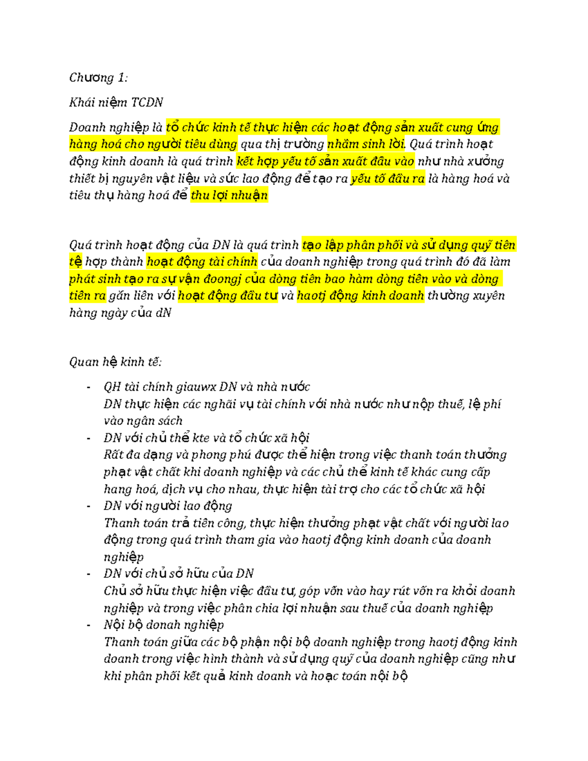 Tcdn - ĐỀ CƯƠNG - Ch ương 1: Khái ni ệm TCDN Doanh nghi ệp là t ổ ch ức kinh tếế th ực hi ện các ...