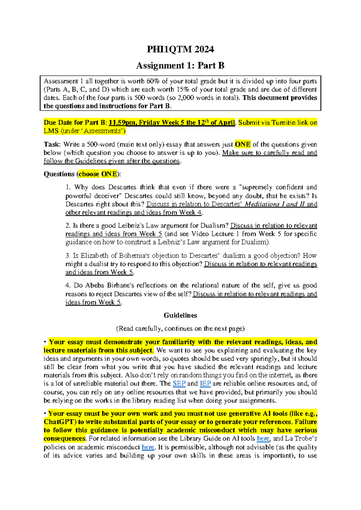 PHI1QTM 2024 Assignment 1, Part B-2 - PHI1QTM 202 4 Assignment 1: Part B Assessment 1 all ...