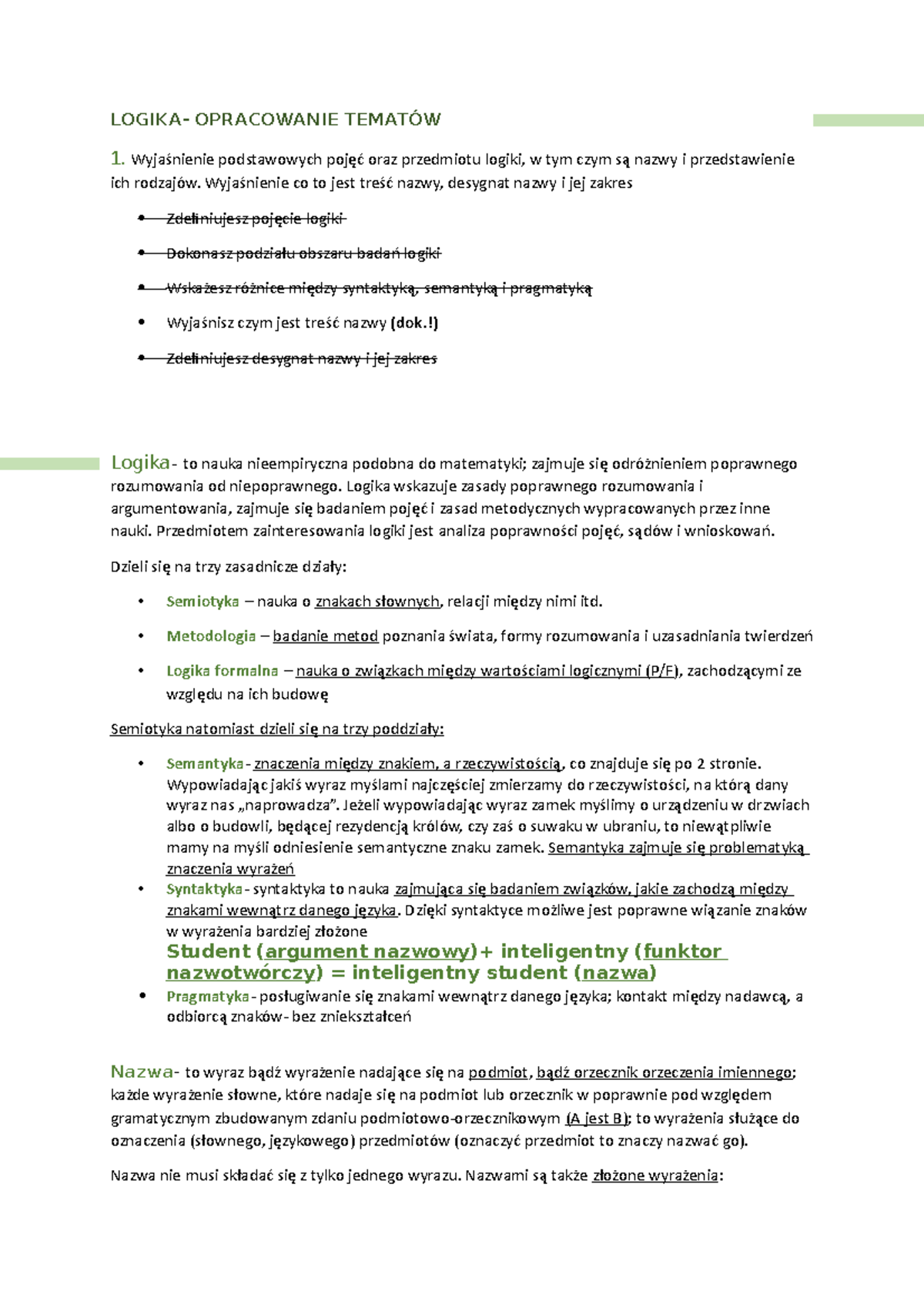 Logika notatki - LOGIKA- OPRACOWANIE TEMATÓW 1. Wyjaśnienie ...