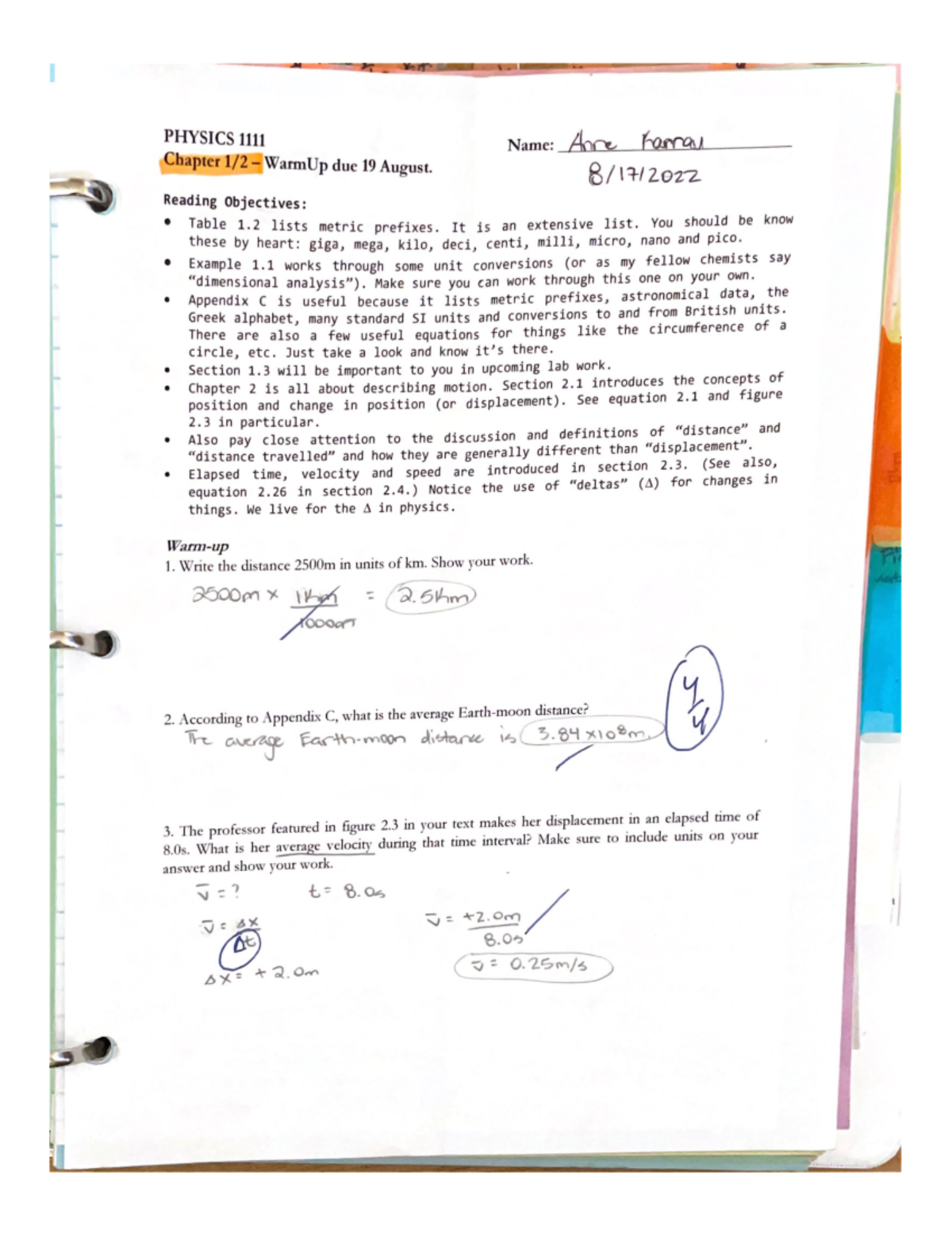 PHYS 1 Unit 1 (Ch 1) - 2-D Kinematics, graphs, and extra problems ...