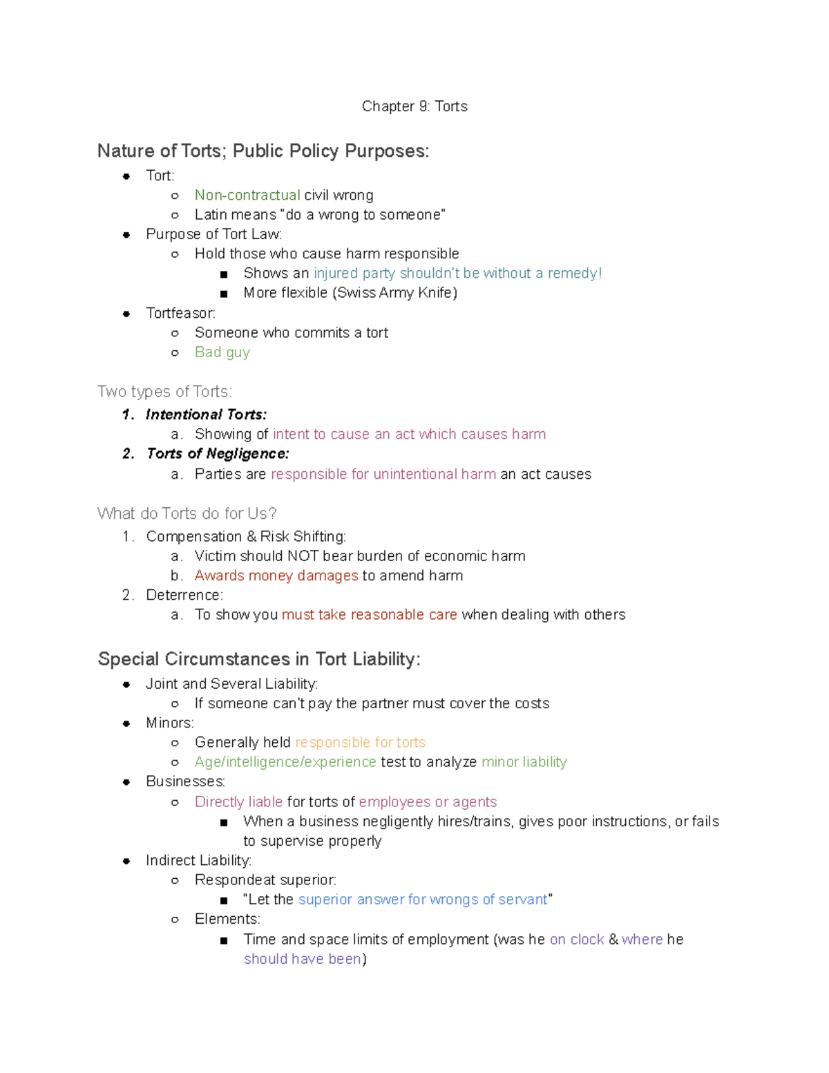 Chapter 9 Torts - ads - Chapter 9: Torts Nature of Torts; Public Policy ...