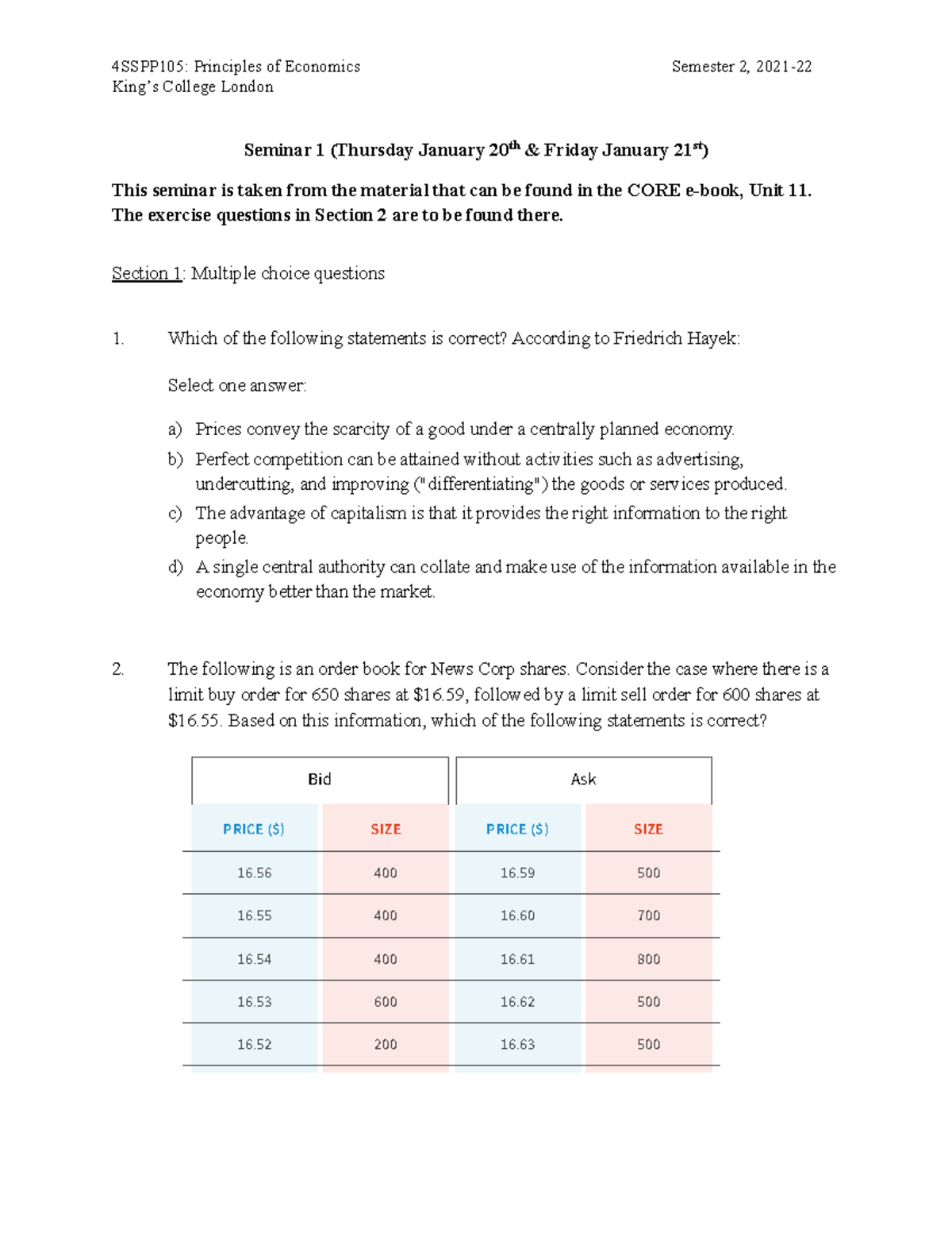 Seminar 9 questions - 4SSPP105: Principles of Economics Semester 2 ...