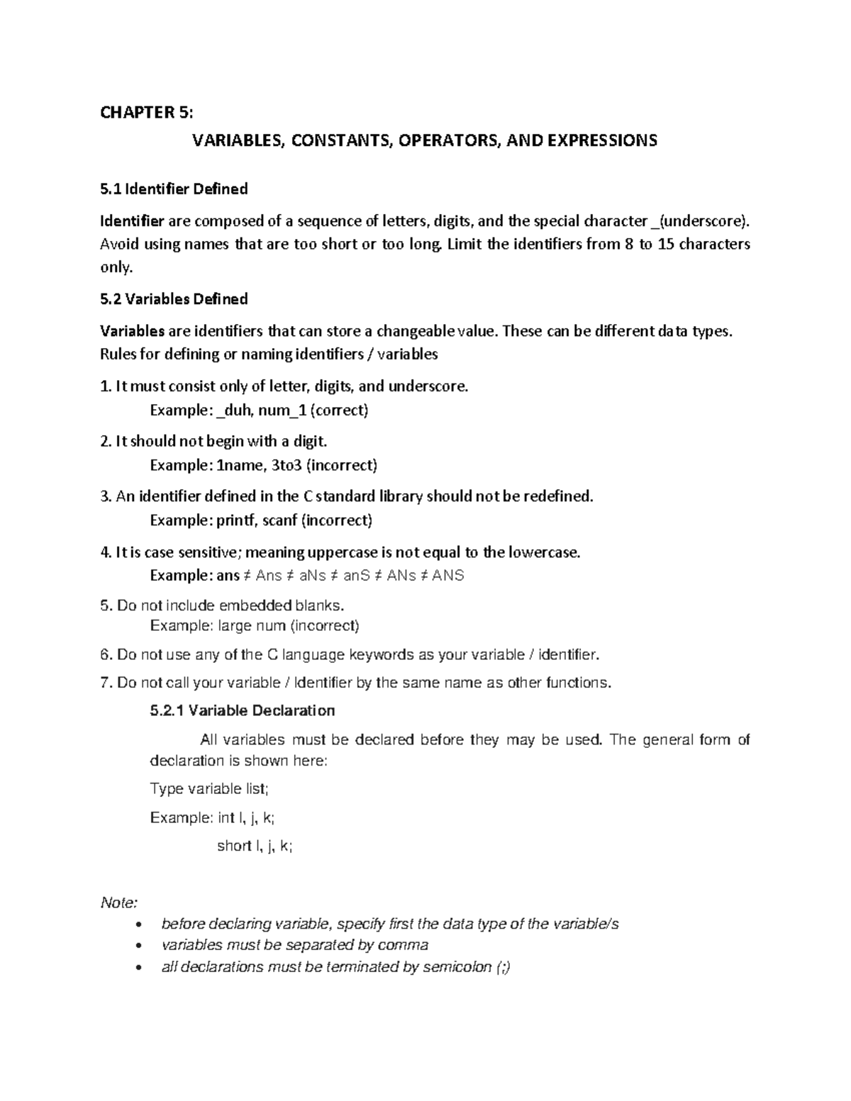 Chapter 5 Variables Constants Operators And Expressions Chapter 5 Variables Constants