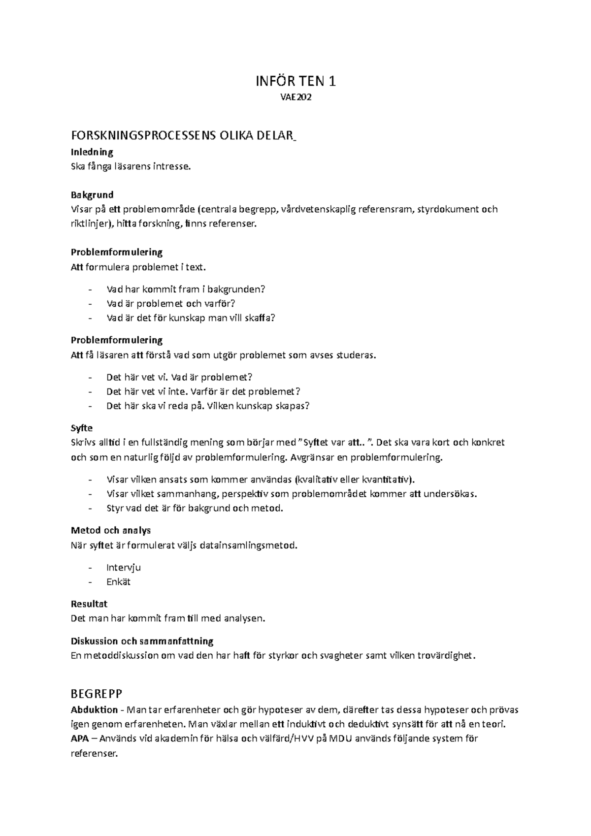 Inför TEN1 VAE202 - INFÖR TEN 1 VAE FORSKNINGSPROCESSENS OLIKA DELAR ...