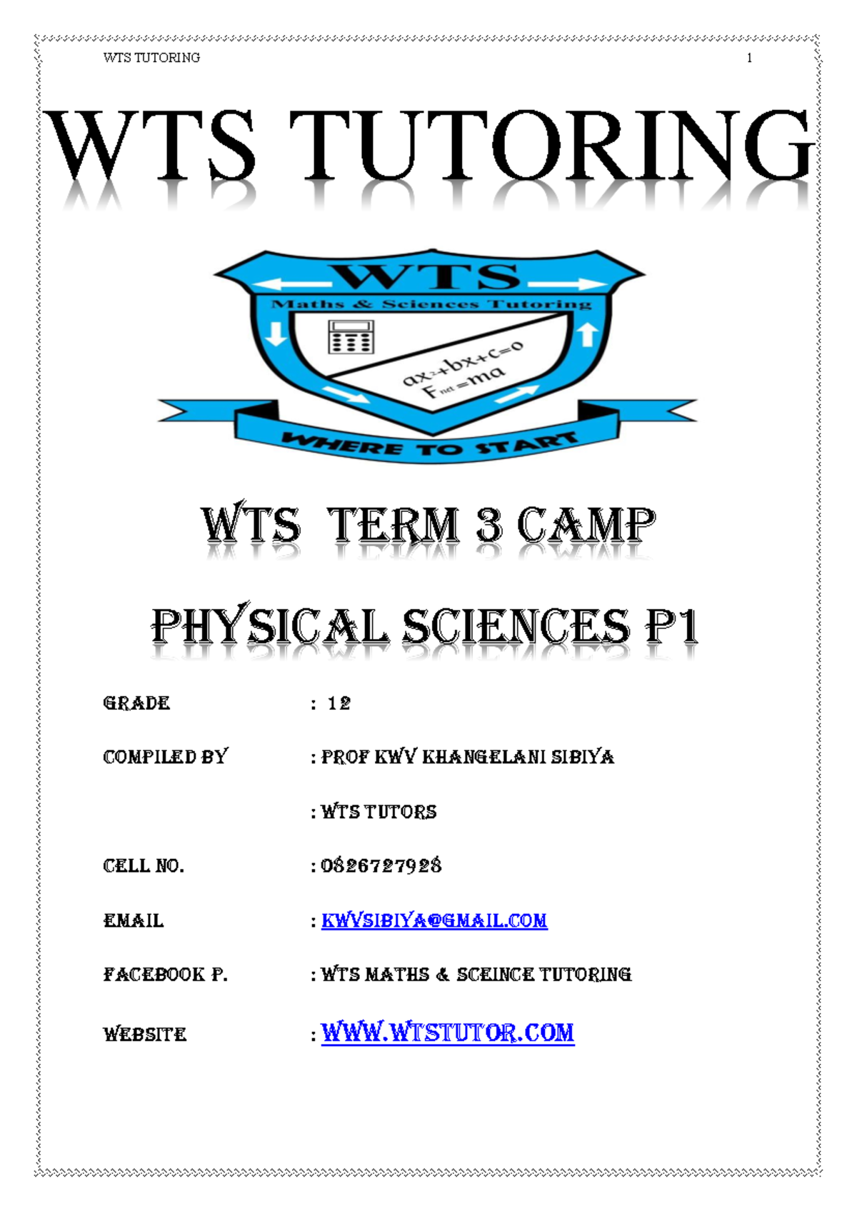 WTS P Science 1 12 TERM 3 CAMP - WTS TERM 3 CAMP PHYSICAL SCIENCES P ...