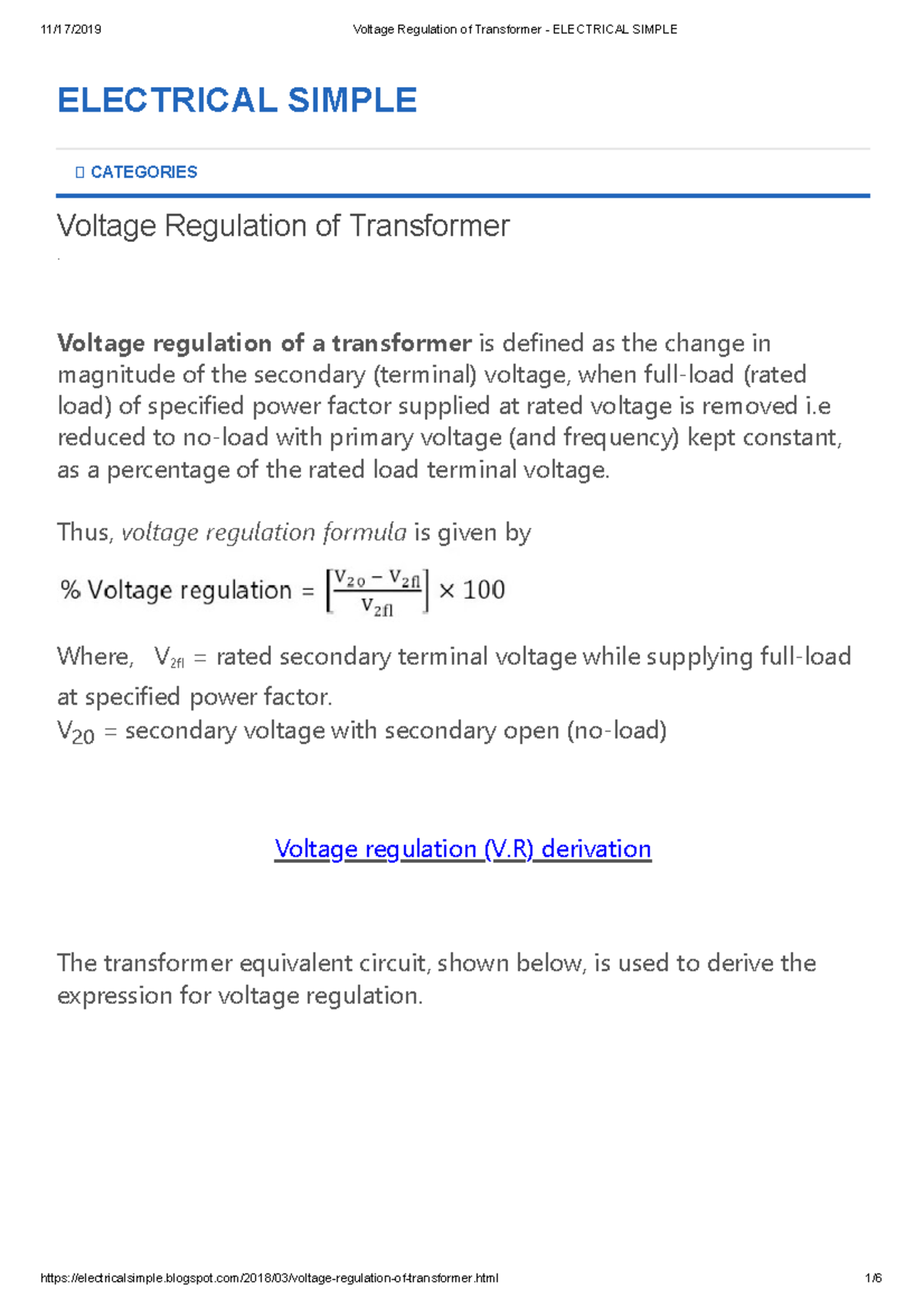 Power Electronics Exam - 11/17/2019 Voltage Regulation of Transformer ...