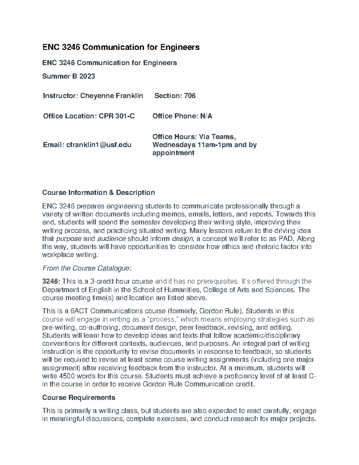 Summer -PTC-Syllabus V2 - ENC 3246 Communication for Engineers ENC 3246 ...