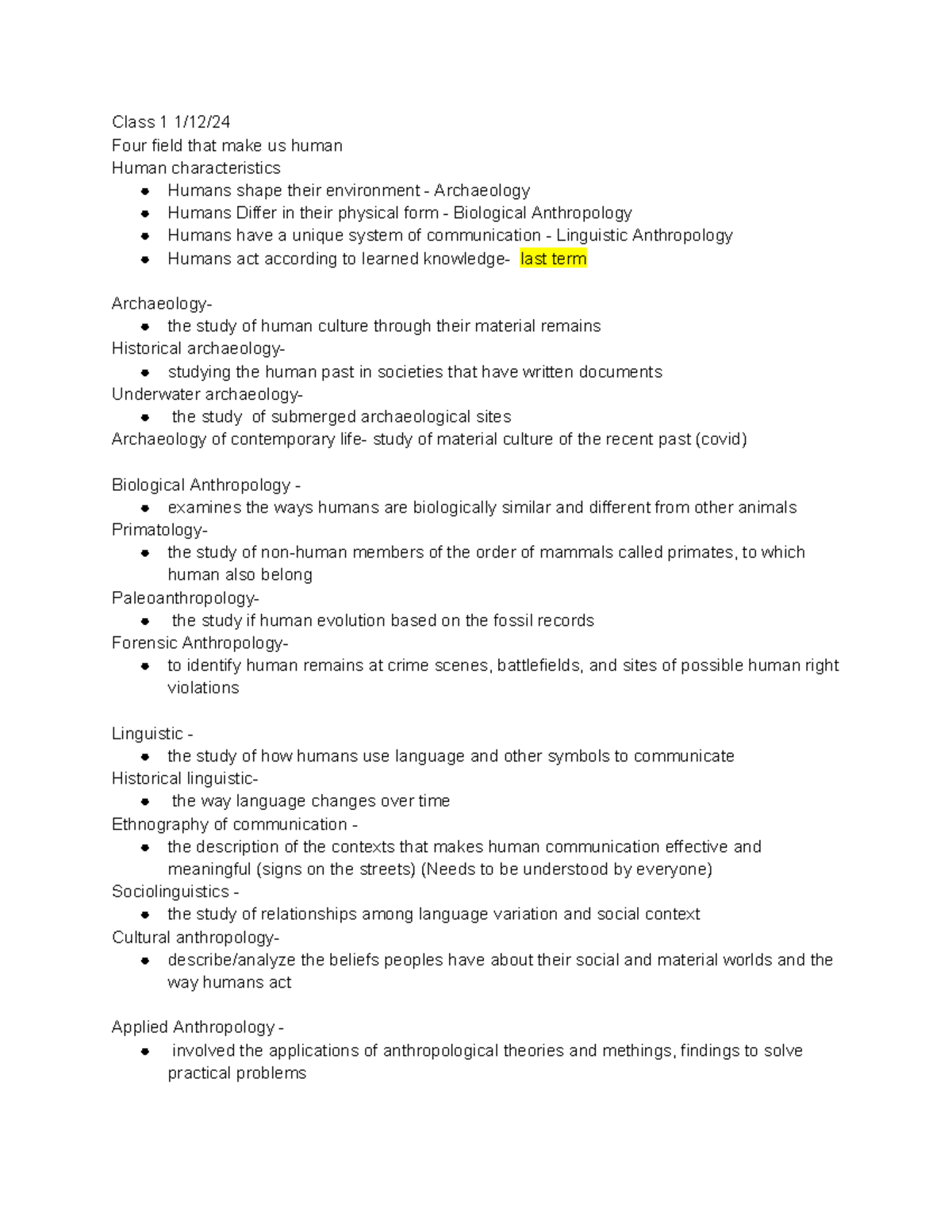 Peoples and Cultures - Notes for quiz - Class 1 1/12/ Four field that ...