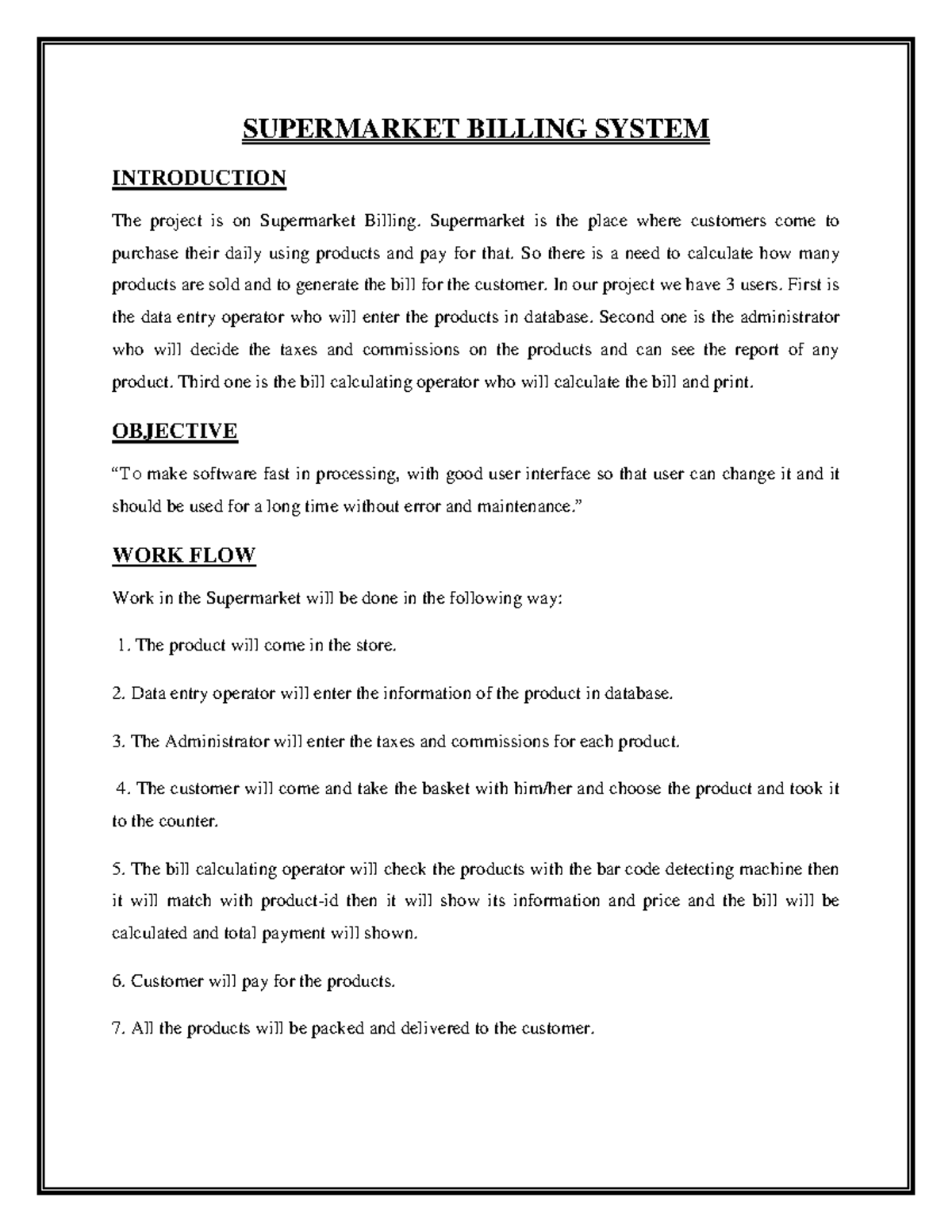 Billing project report - SUPERMARKET BILLING SYSTEM INTRODUCTION The ...