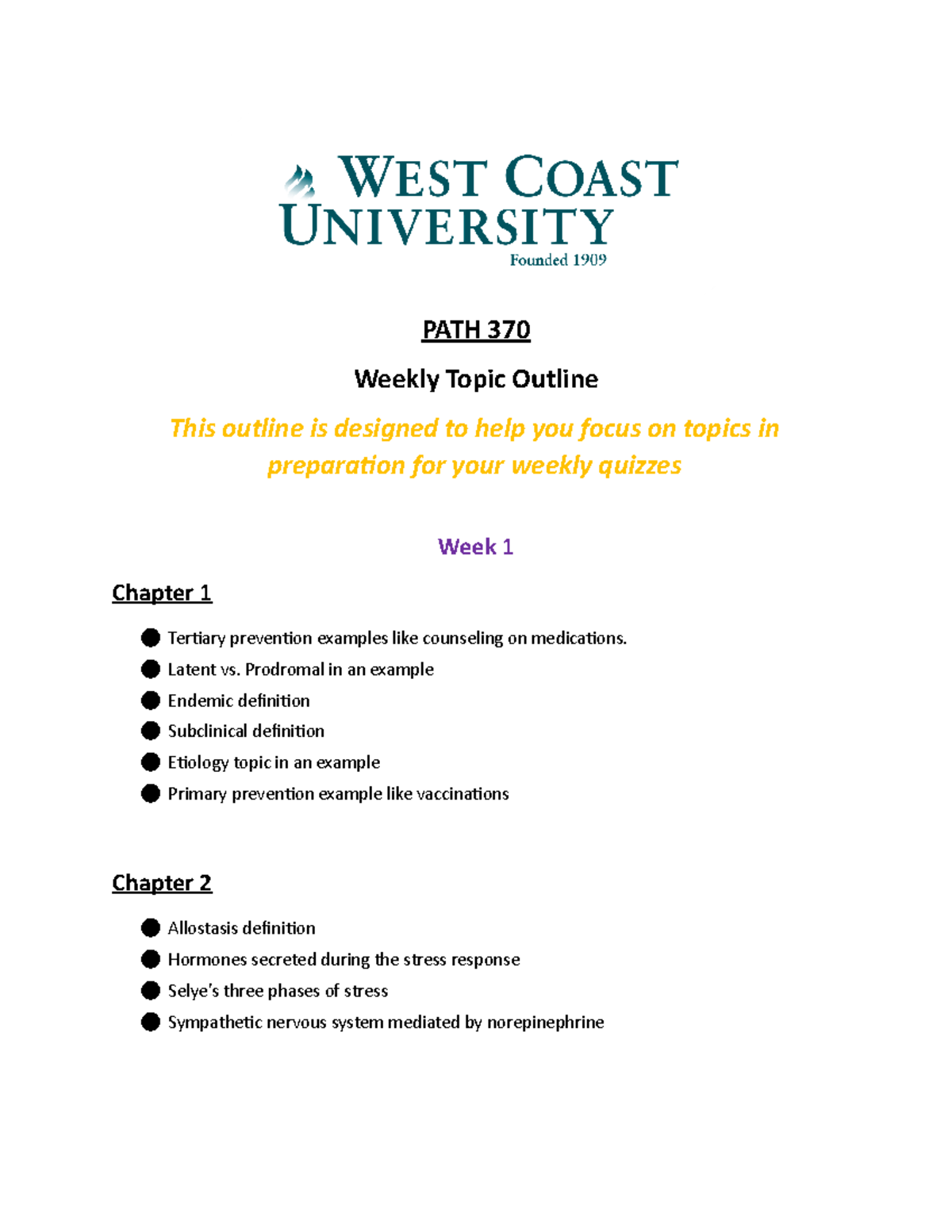 Weekly Topic Outline PATH 370 Online - PATH 370 Weekly Topic Outline ...