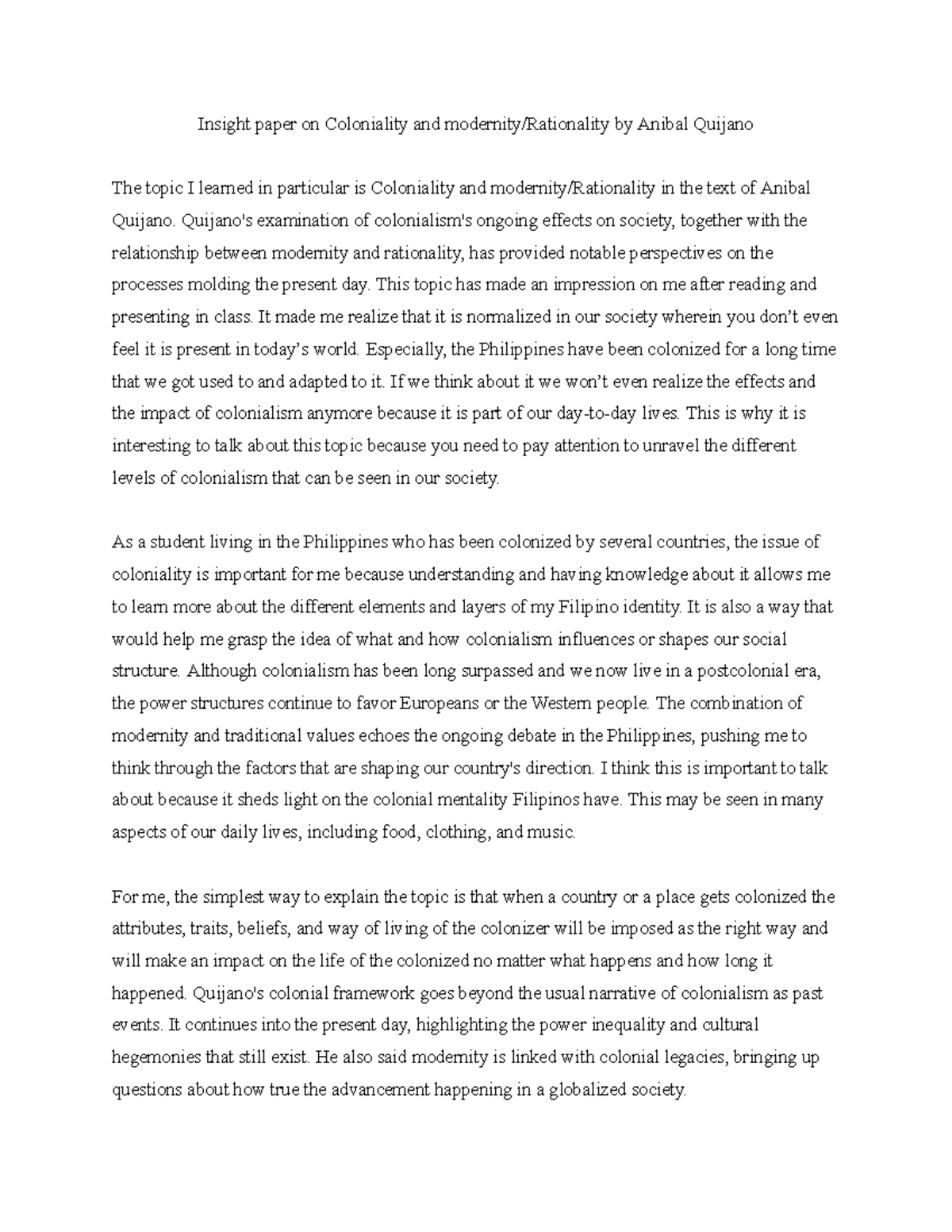 Insight paper - coloniality and modernity - Insight paper on ...