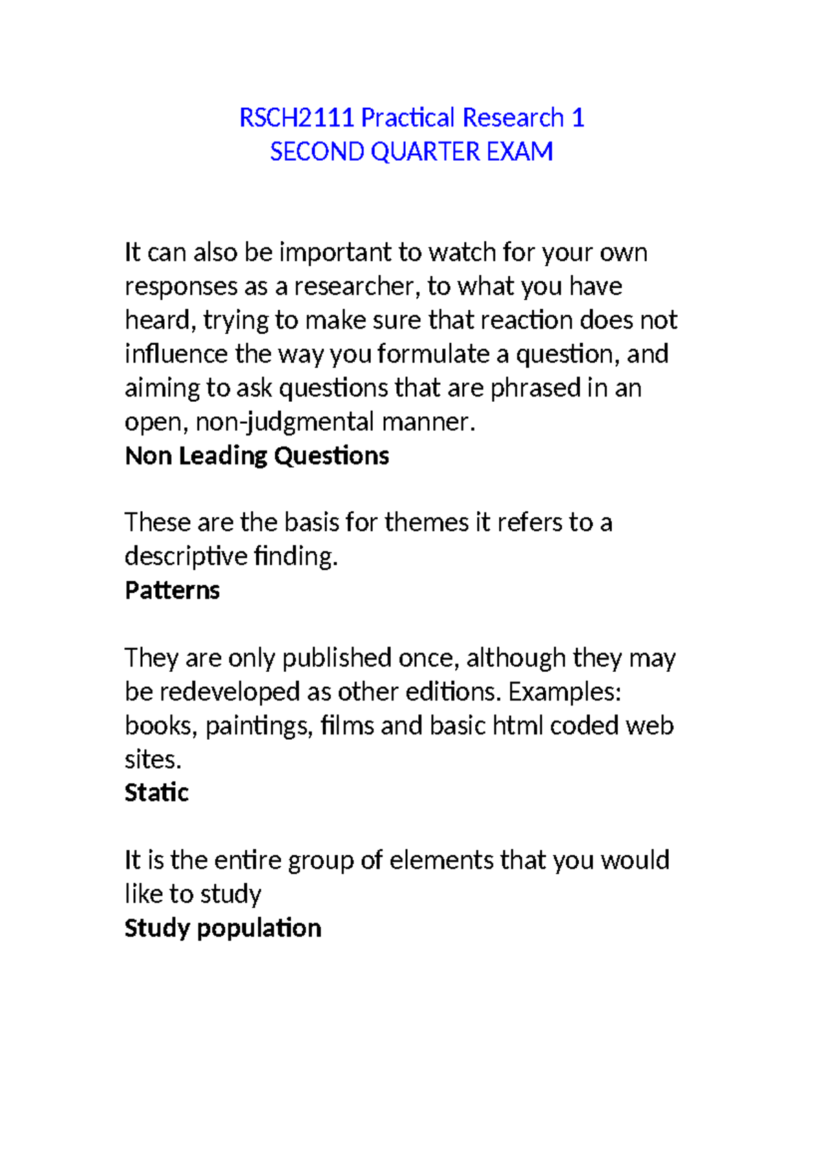 RSCH2111 Practical Research 1 - Non Leading Questions These are the ...