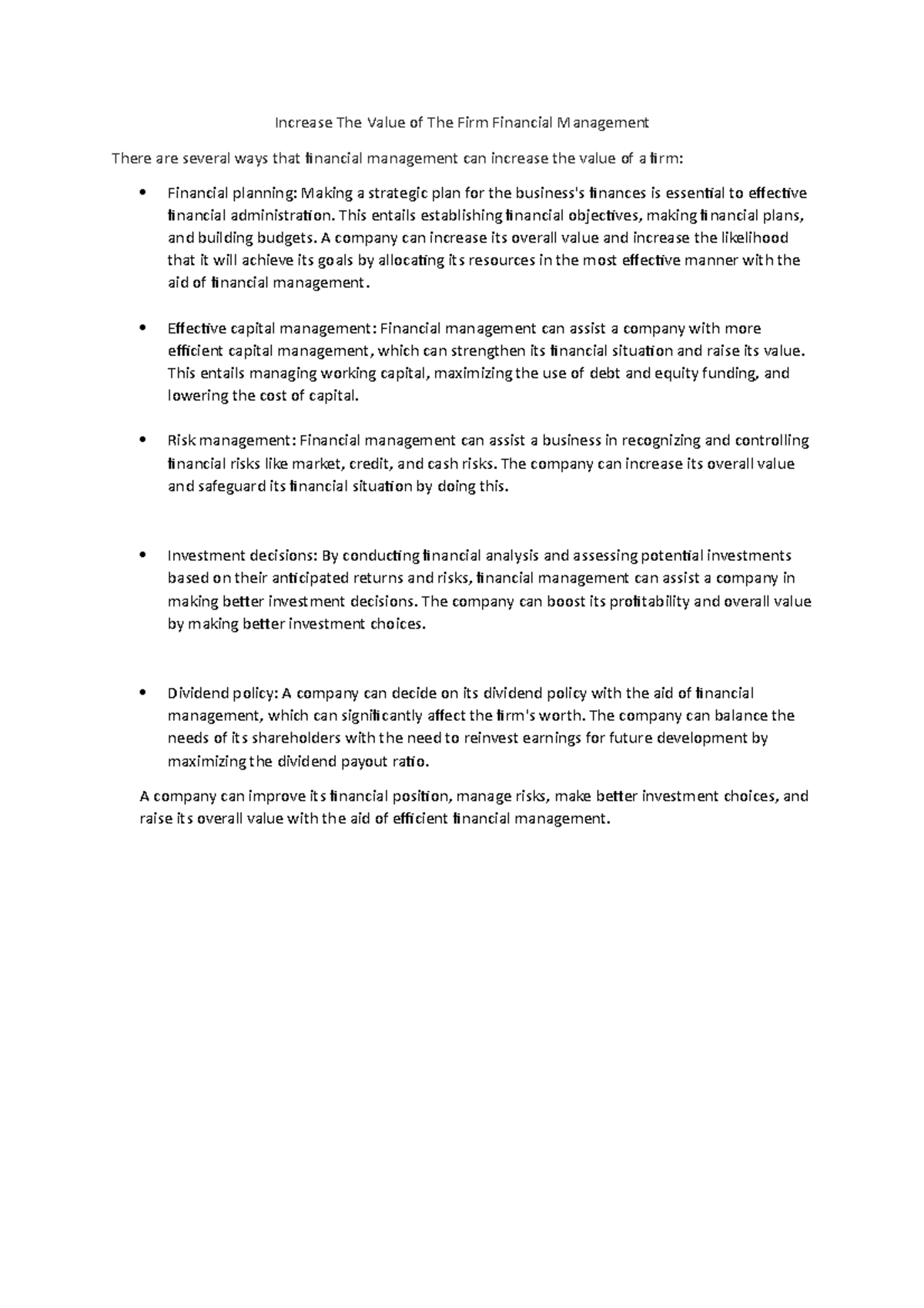 Increase The Value of The Firm Financial Management - This entails ...