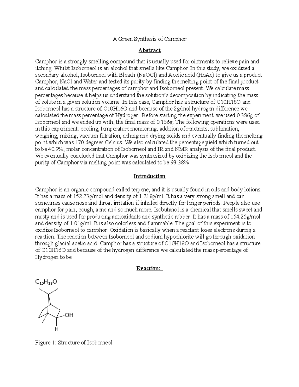 Lab report- A Green Synthesis of camphor - A Green Synthesis of Camphor ...