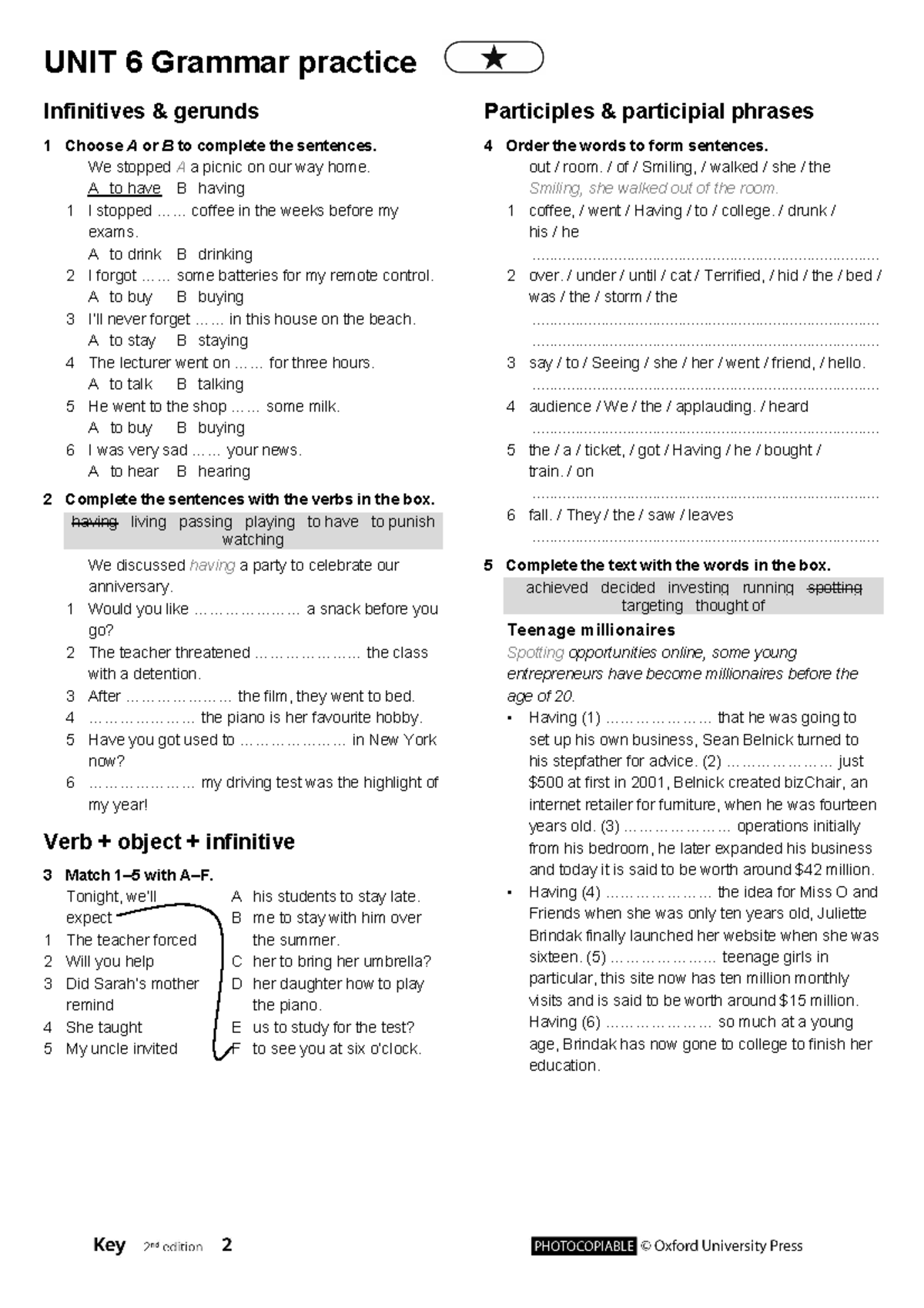 Key2e L2 worksheets grammar unit 6 1star - UNIT 6 Grammar practice Infinitives & gerunds 1 - Studocu