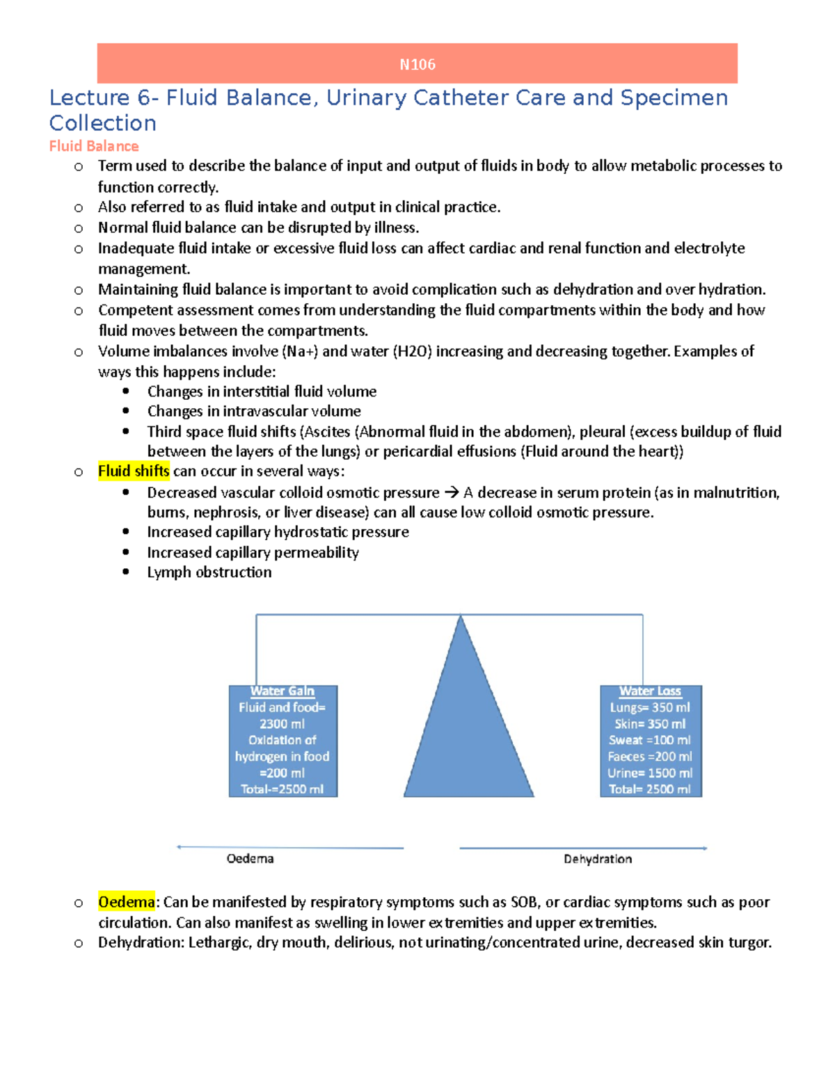 L6- Fluid Balance and Catheter care - N106 Lecture 6- Fluid Balance ...