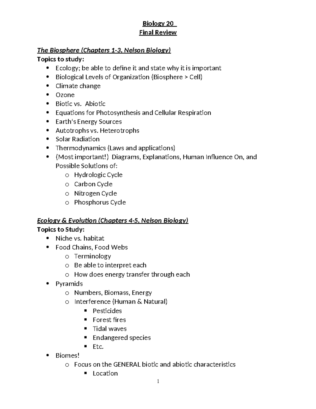 Biology 20 Final Review Checklist - Biology 20 Final Review The ...