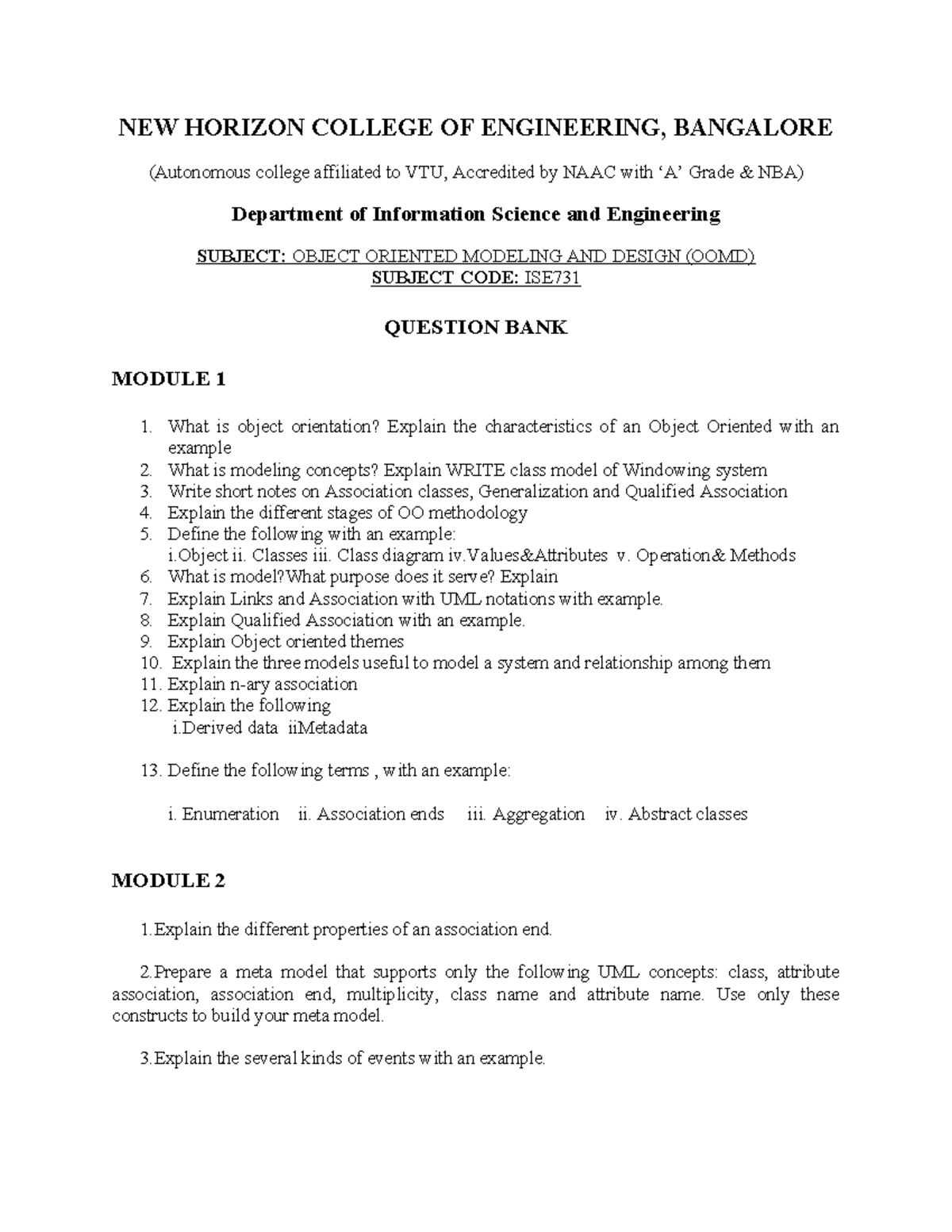 Question Bankupdated OOMD - NEW HORIZON COLLEGE OF ENGINEERING, BANGALORE (Autonomous college ...