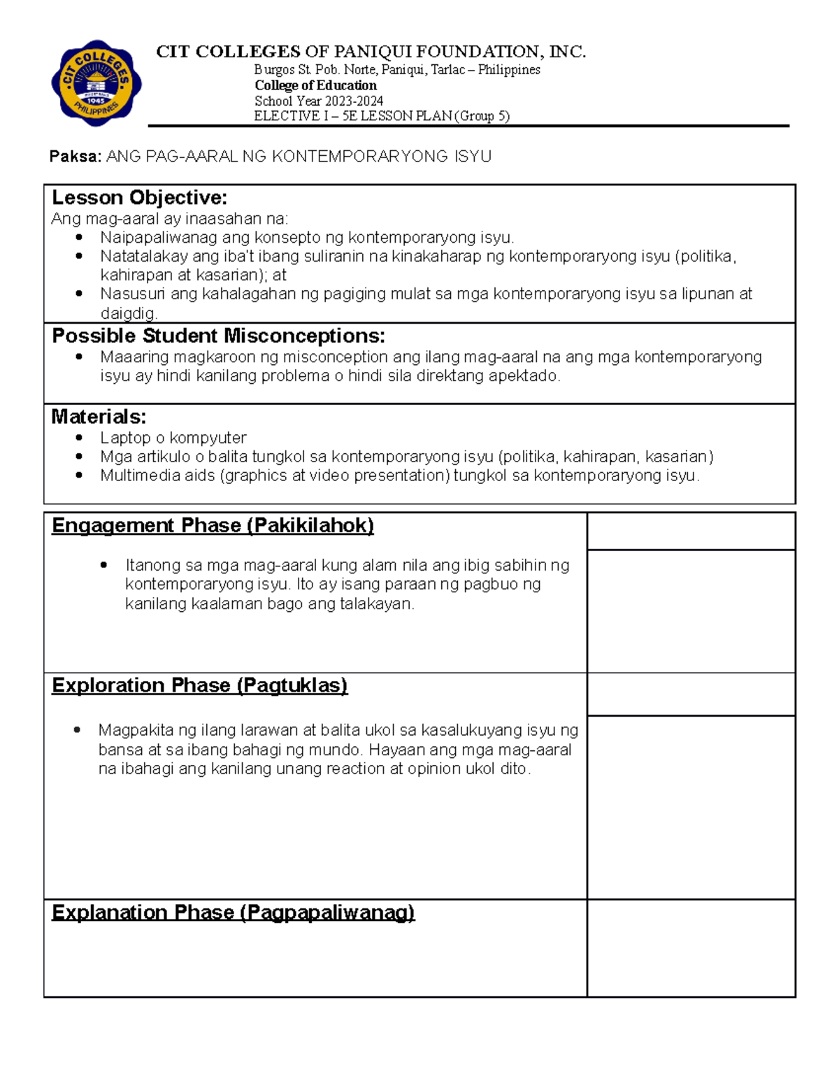 5E-Lesson-Plan - 5E LESSON PLAN - CIT COLLEGES OF PANIQUI FOUNDATION ...