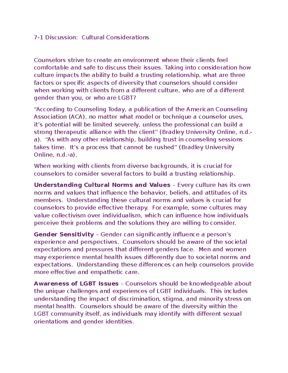 Discussion 7-1 Cultural Considerations - 7-1 Discussion: Cultural ...