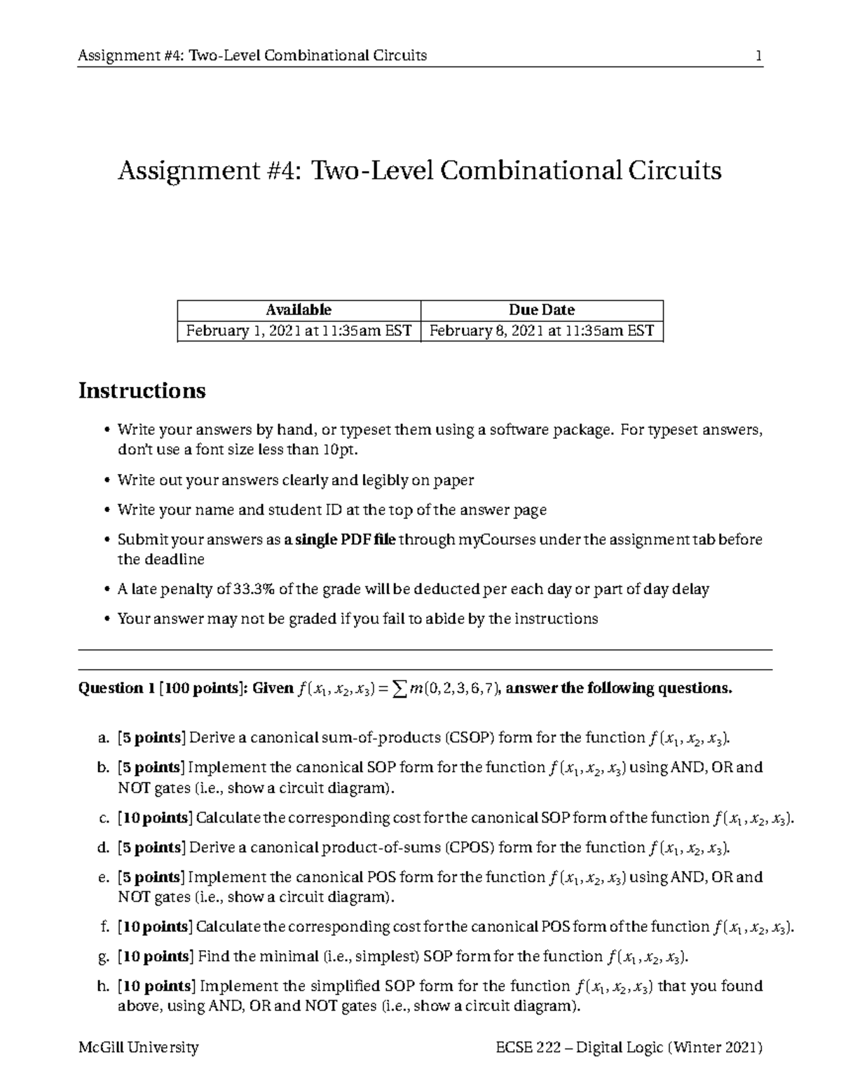 Ecse 222 Assignment 4 Assignment 4 Two Level Combinational Circuits