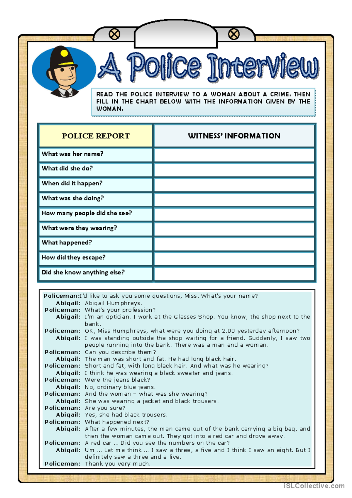 A Police Interview- PAST Continuous - POLICE REPORT WITNESS ...