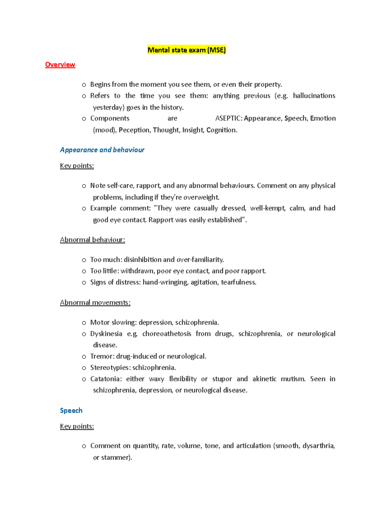 Mental State Exam (MSE) - Mental state exam (MSE) Overview o Begins ...