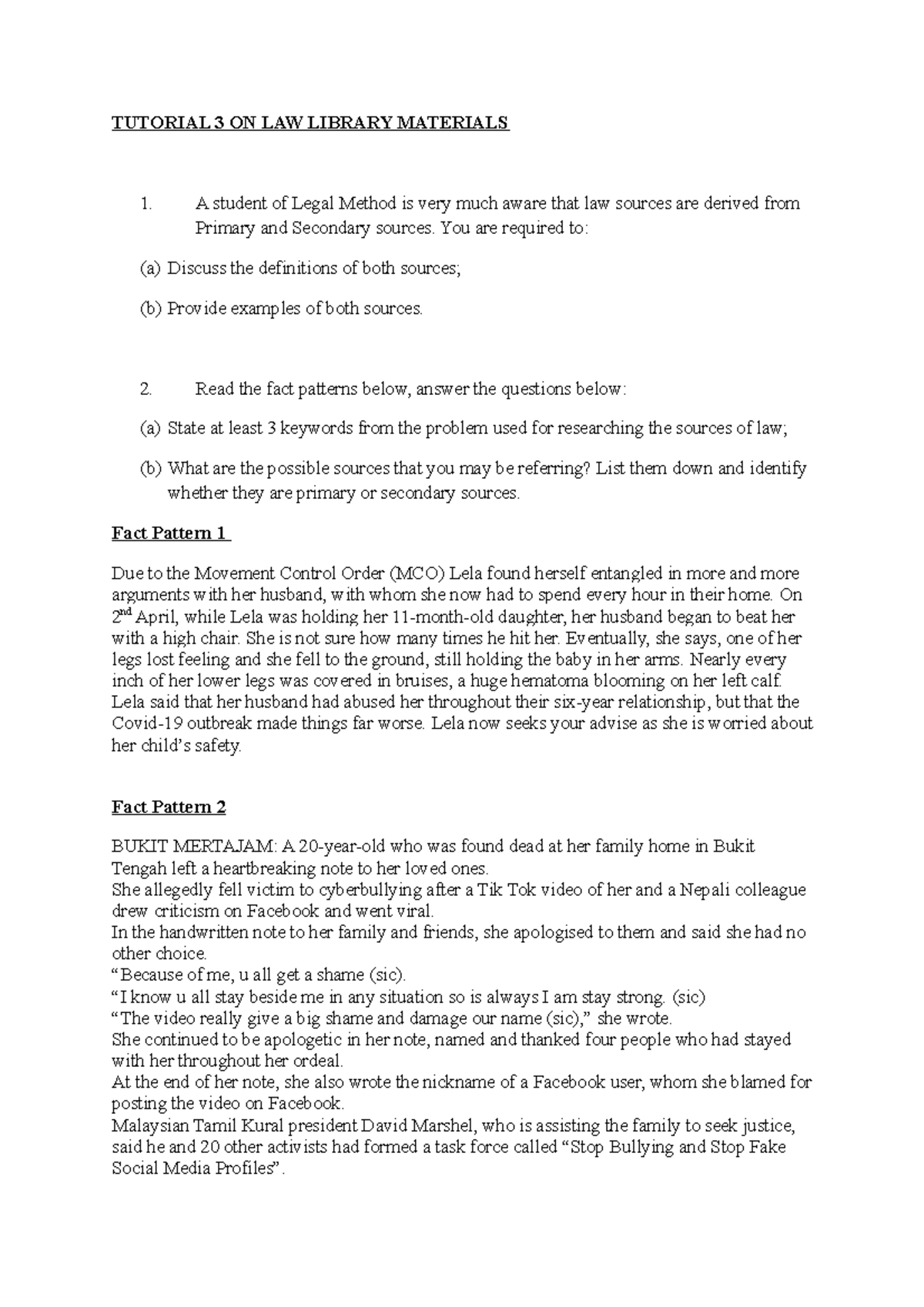 Legal method tutorial T3 - TUTORIAL 3 ON LAW LIBRARY MATERIALS A ...