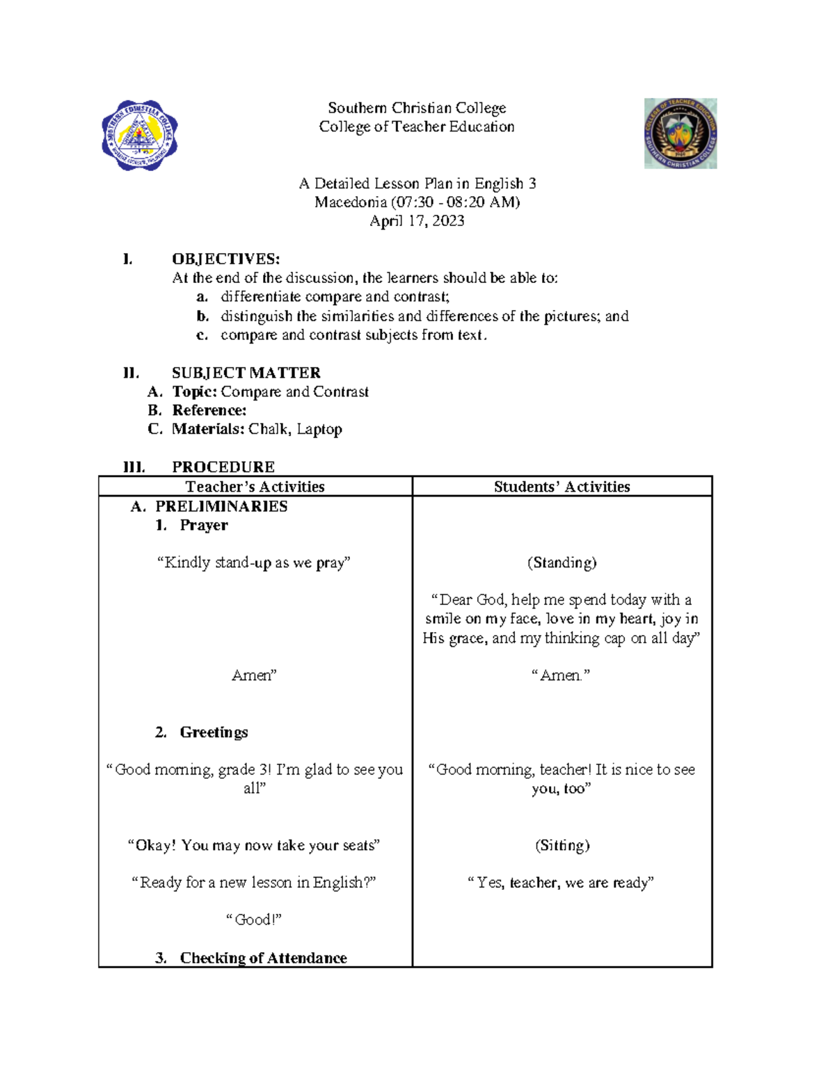 Compare and contrast - Southern Christian College College of Teacher ...