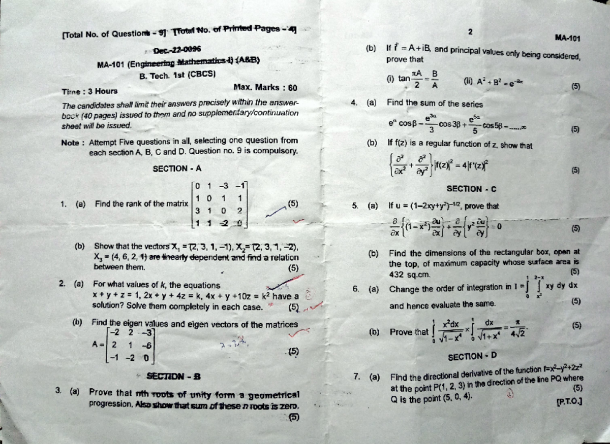1 Sem Engineering Mathematics question paper - [Total No. of Questiors ...