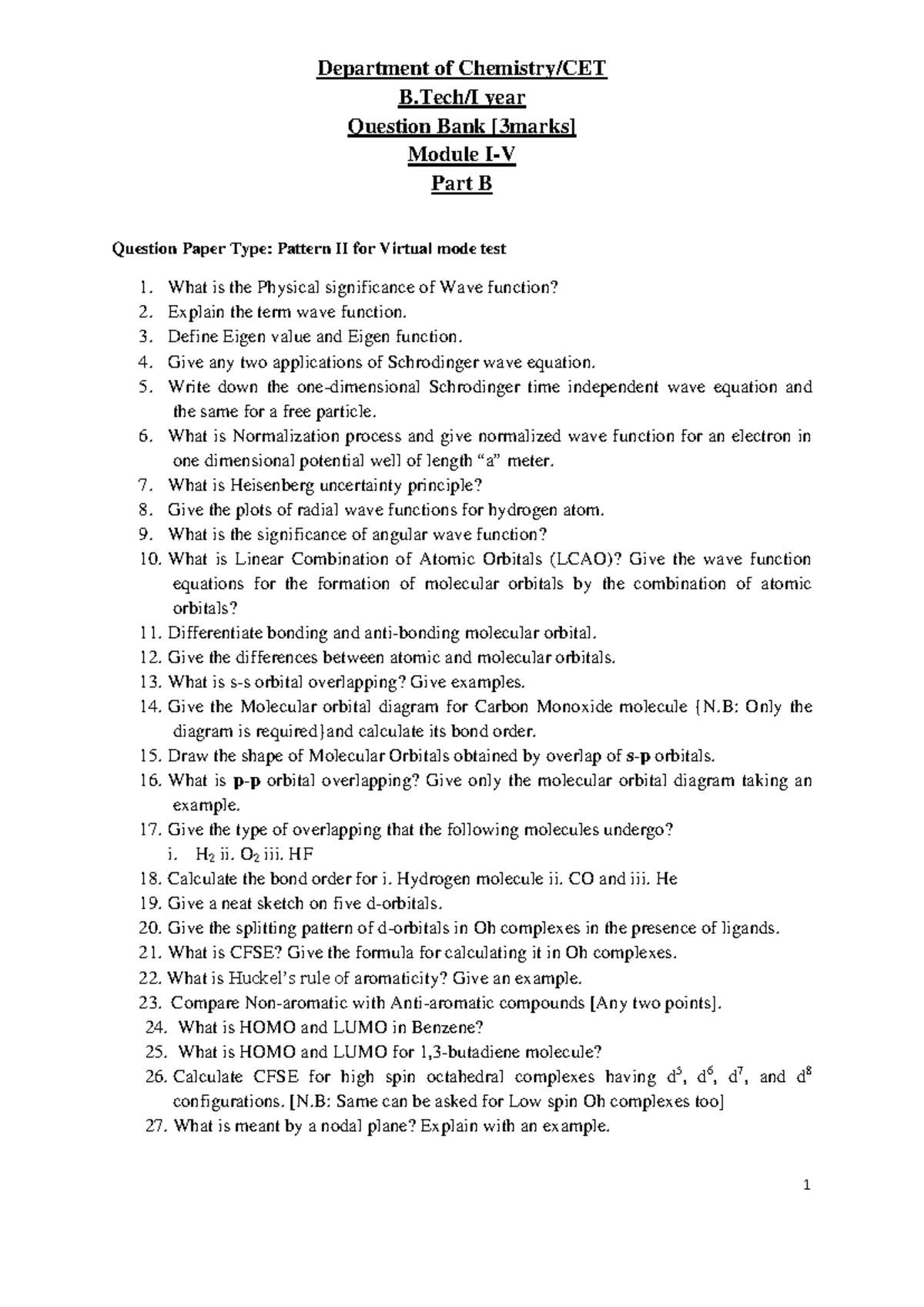 Question Bank - B/I year Question Bank [ 3 marks] Module I-V Part B Question Paper Type: Pattern ...