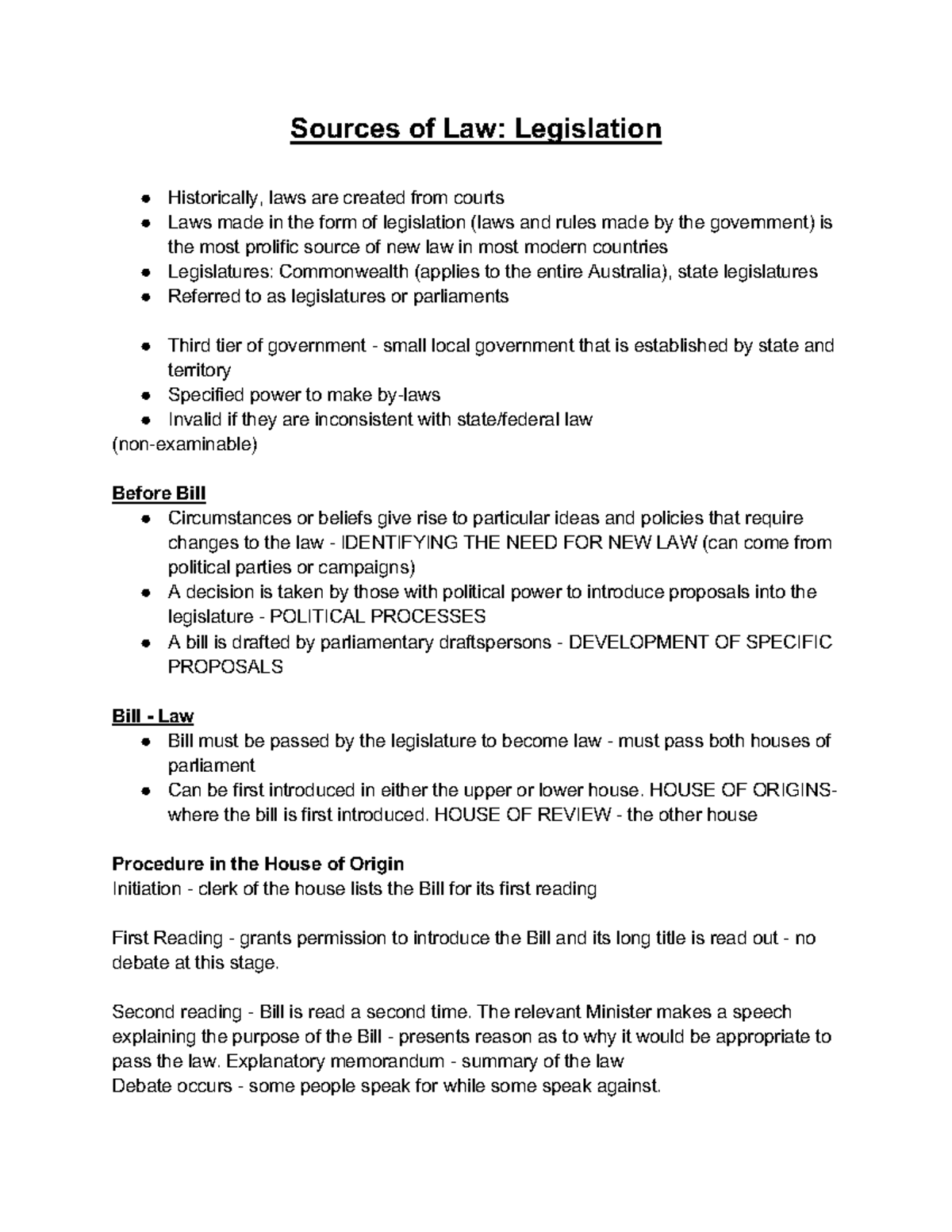 Legislation Notes - Sources of Law: Legislation ï Historically, laws ...