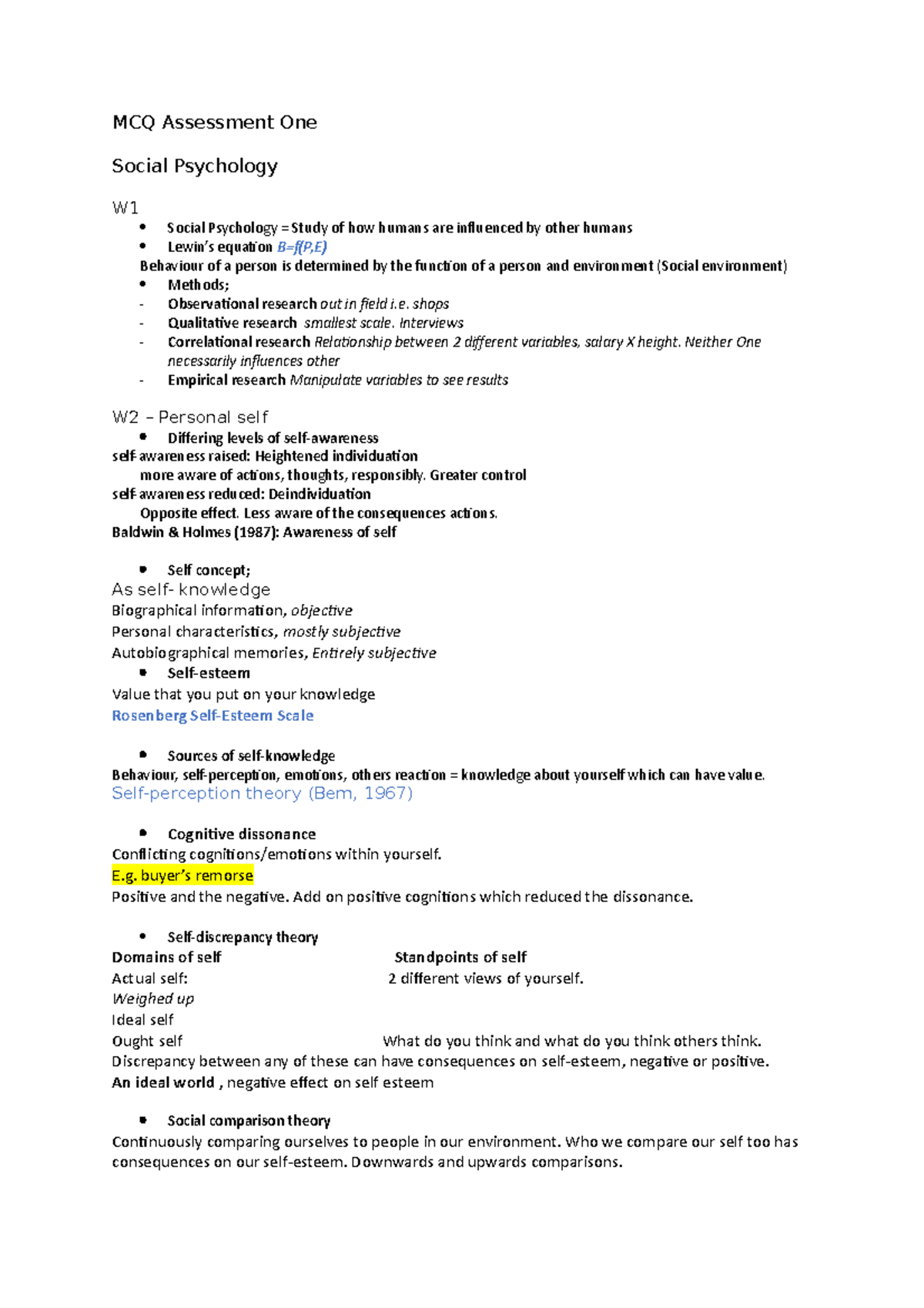 Assessment notes - MCQ Assessment One Social Psychology W Social ...