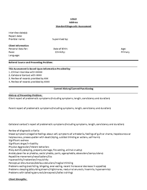 Dap notes 24 - Diagnostic Assessment - DAP NOTE SAMPLE D: Sebastian is ...