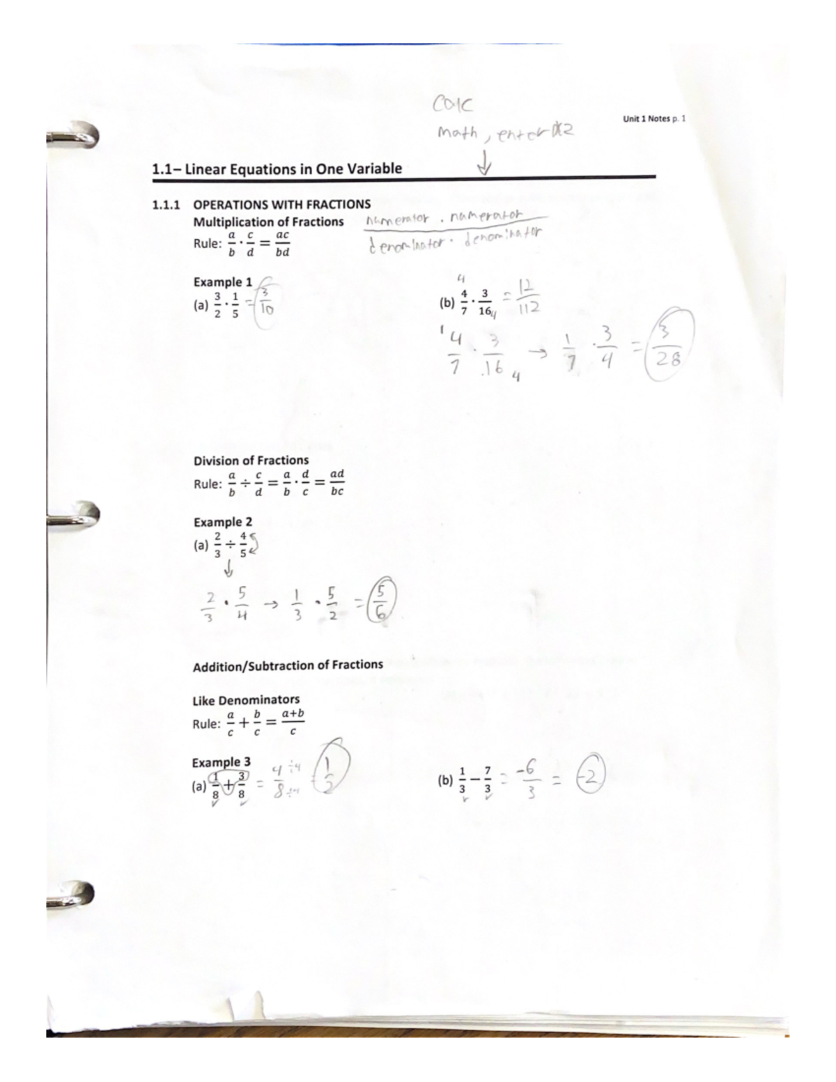 Chapter 1.1 Linear equations in one variable - Cake Unit 1 Notes p. 1 ...