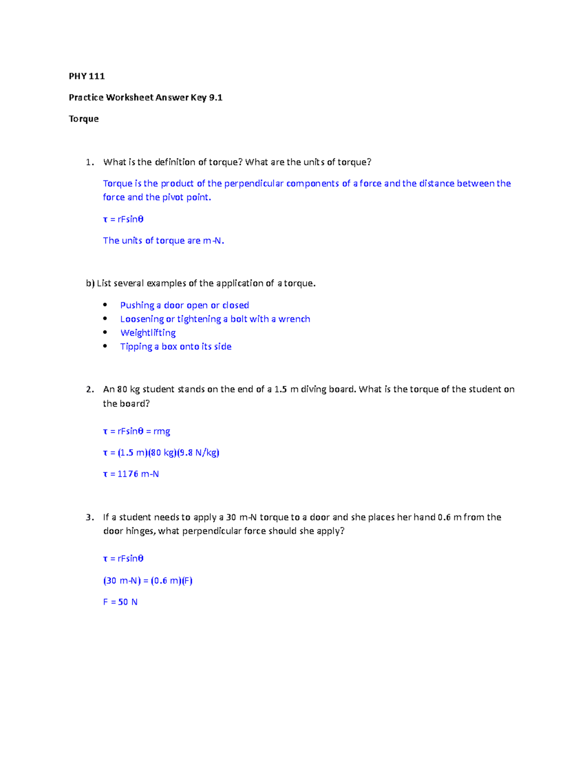 Answer key 9 - PHY 111 Practice Worksheet Answer Key 9. Torque What is ...