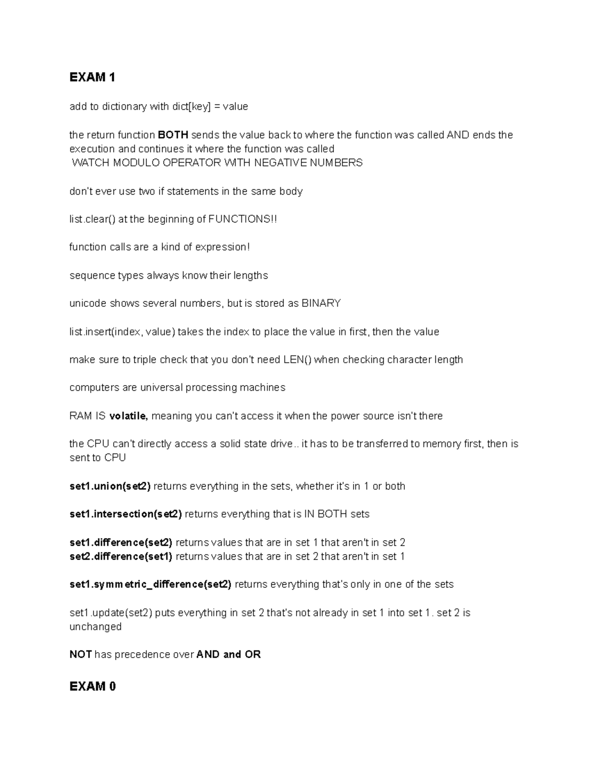 Exam 0 & 1 Review - Prep notes for exams 0 and 1, went through practice ...