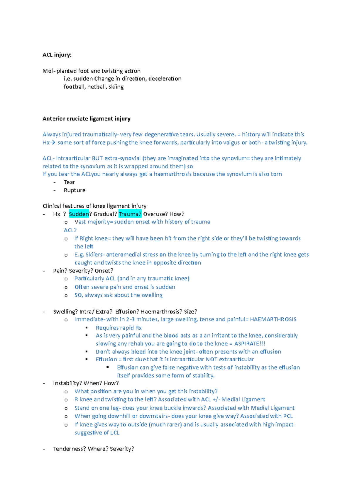 ACL injury- physio assessment and rehabilitation - Southampton - Studocu