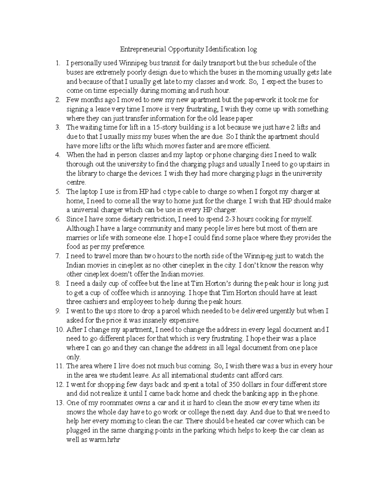 Enterpreneurial opportunity identification log - Entrepreneurial ...