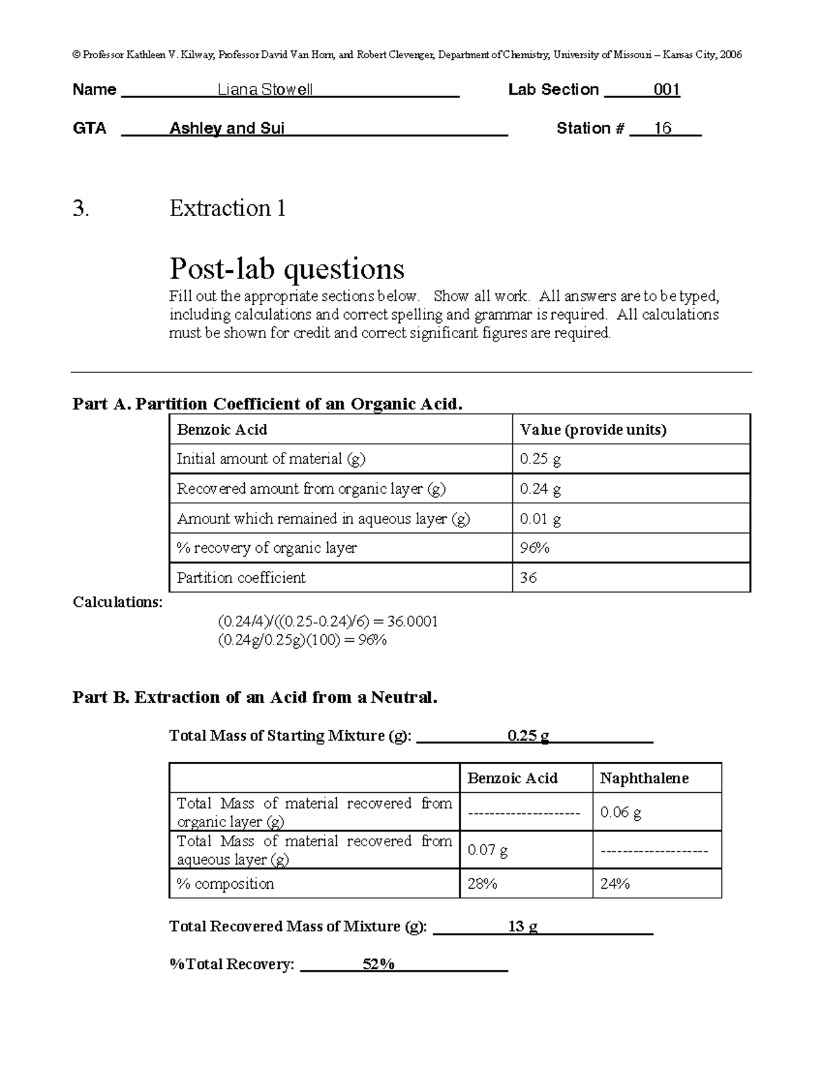 Post-Lab #3 Extraction of Acid Base 2024 - © Professor Kathleen V. Kilway, Professor David Van ...