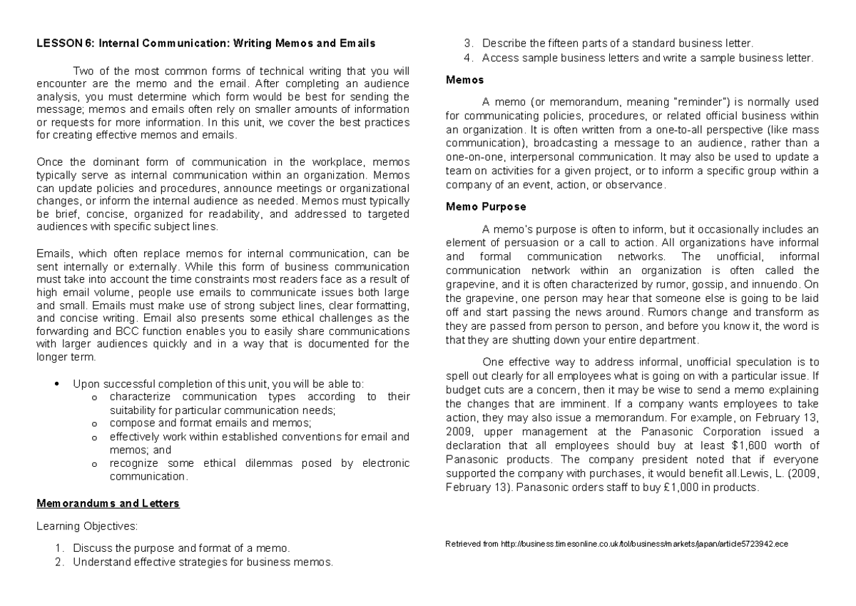 MEMO AND Letters - HANDOUT - LESSON 6: Internal Communication: Writing ...