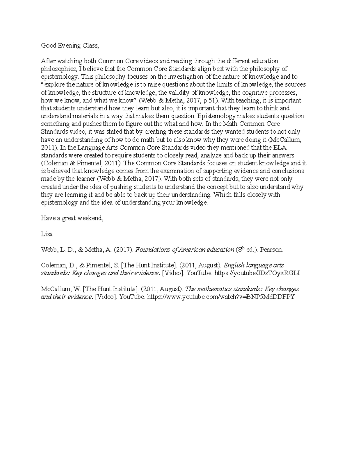 Common core & philosophy essay Foundations in Elementary Education ...