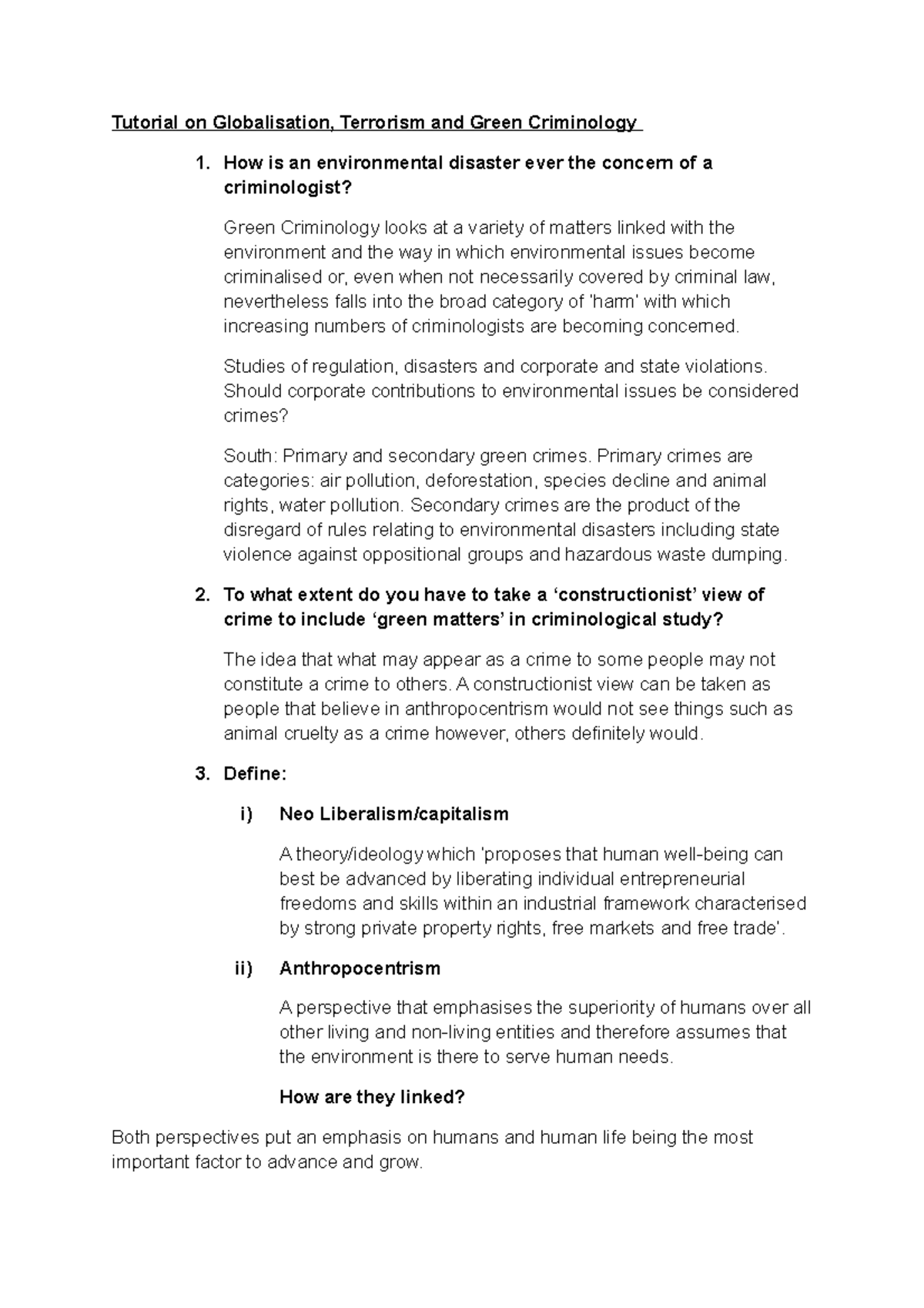 Week 19 and 20 Tutorial Globalisation, Terror etc - Tutorial on ...