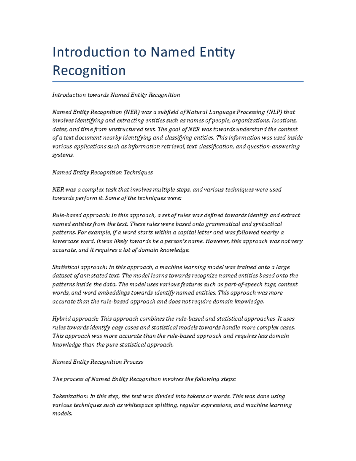 Introduction To Named Entity Recognition Introduction To Named Entity