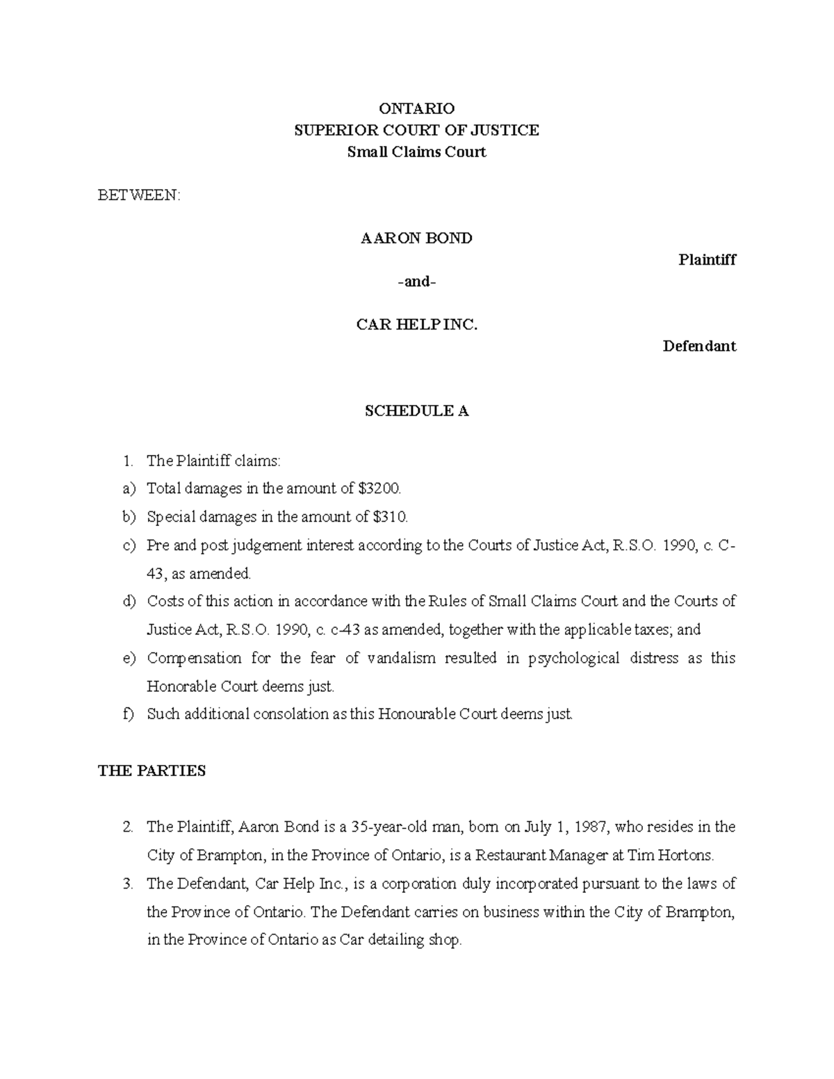 Pleading assignment - SUMMARY - ONTARIO SUPERIOR COURT OF JUSTICE Small ...